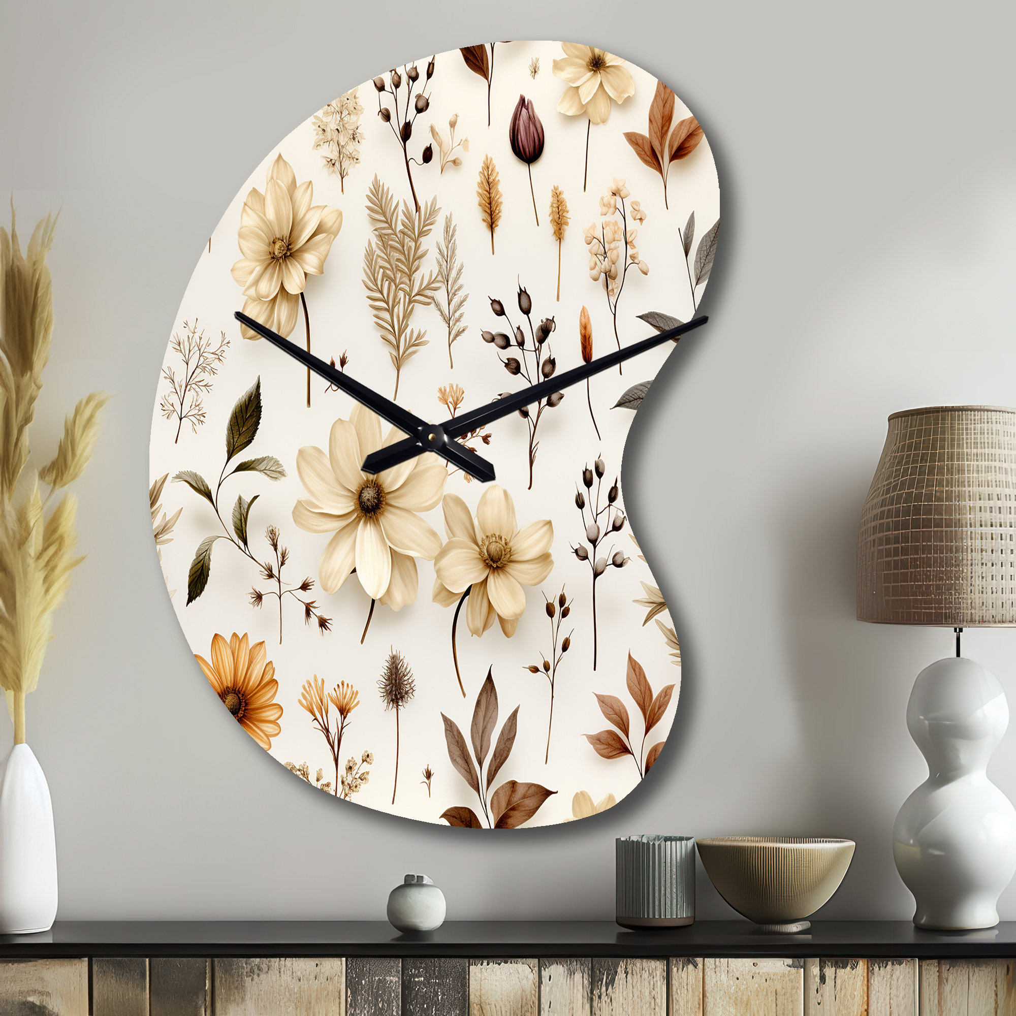 Design Art Rustic Foliage - Asymmetrical Plants Metal Wall Clock ...