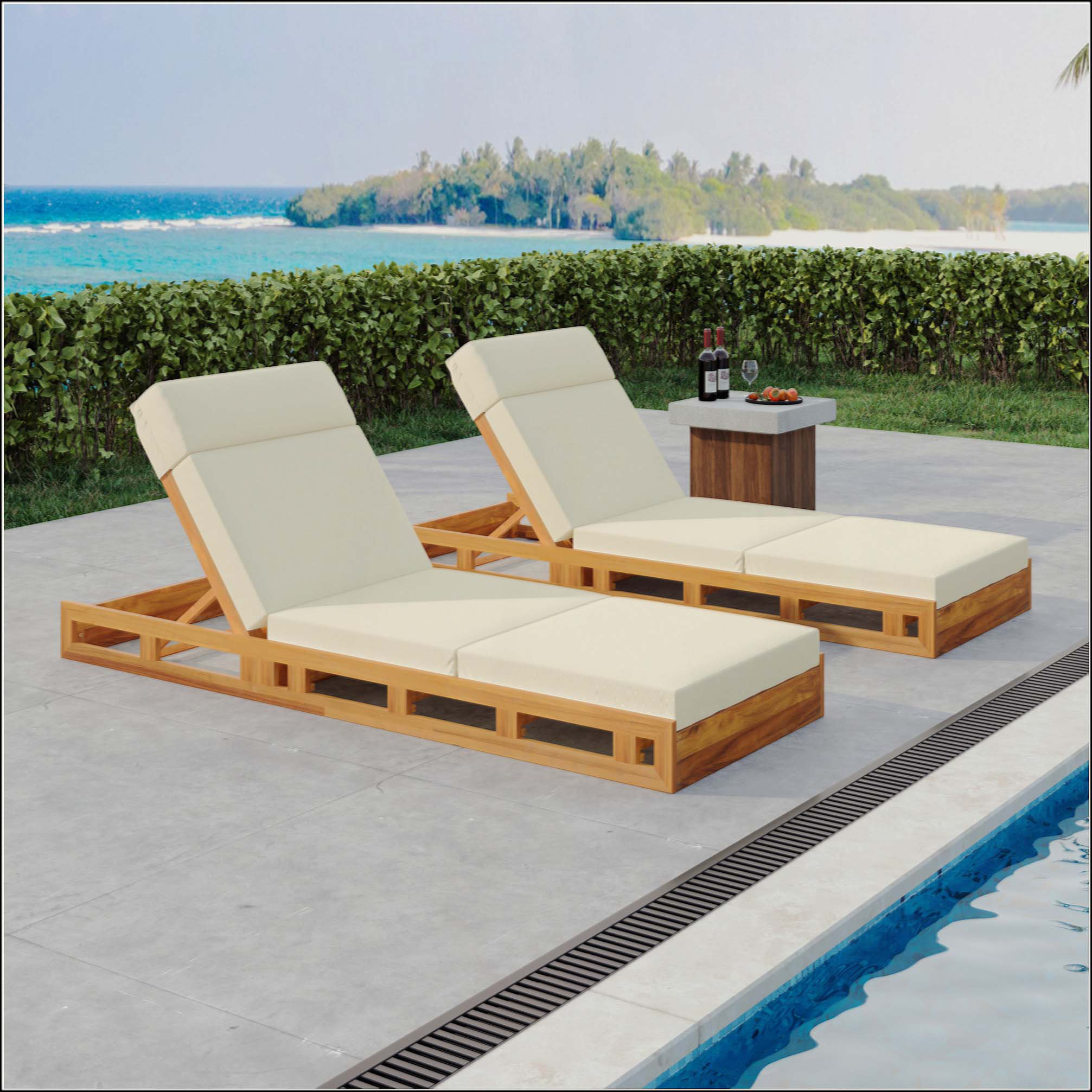 East Urban Home Lounge Chaise Set With Headrest, Acacia Wood With Water ...