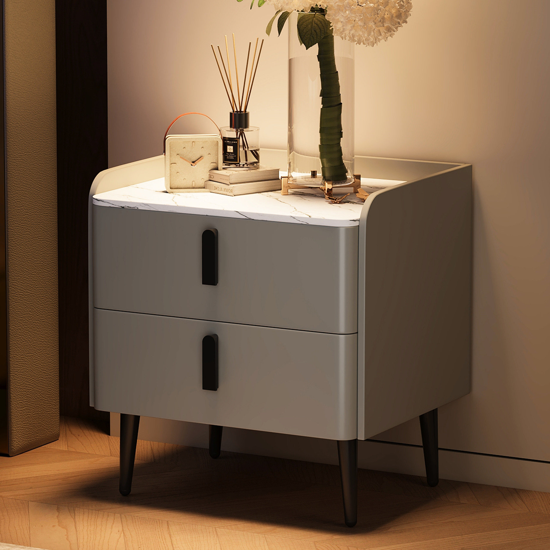 Lark Manor™ Modern Gray Nightstand, 2 Drawers, Marble - Pattern Top ...