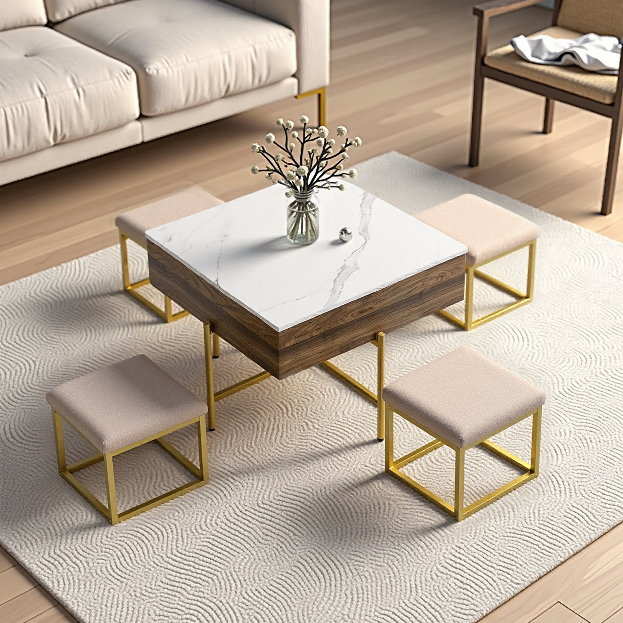 Everly Quinn Modern Square Coffee Table Set - Lift Top & 4 Ottomans ...