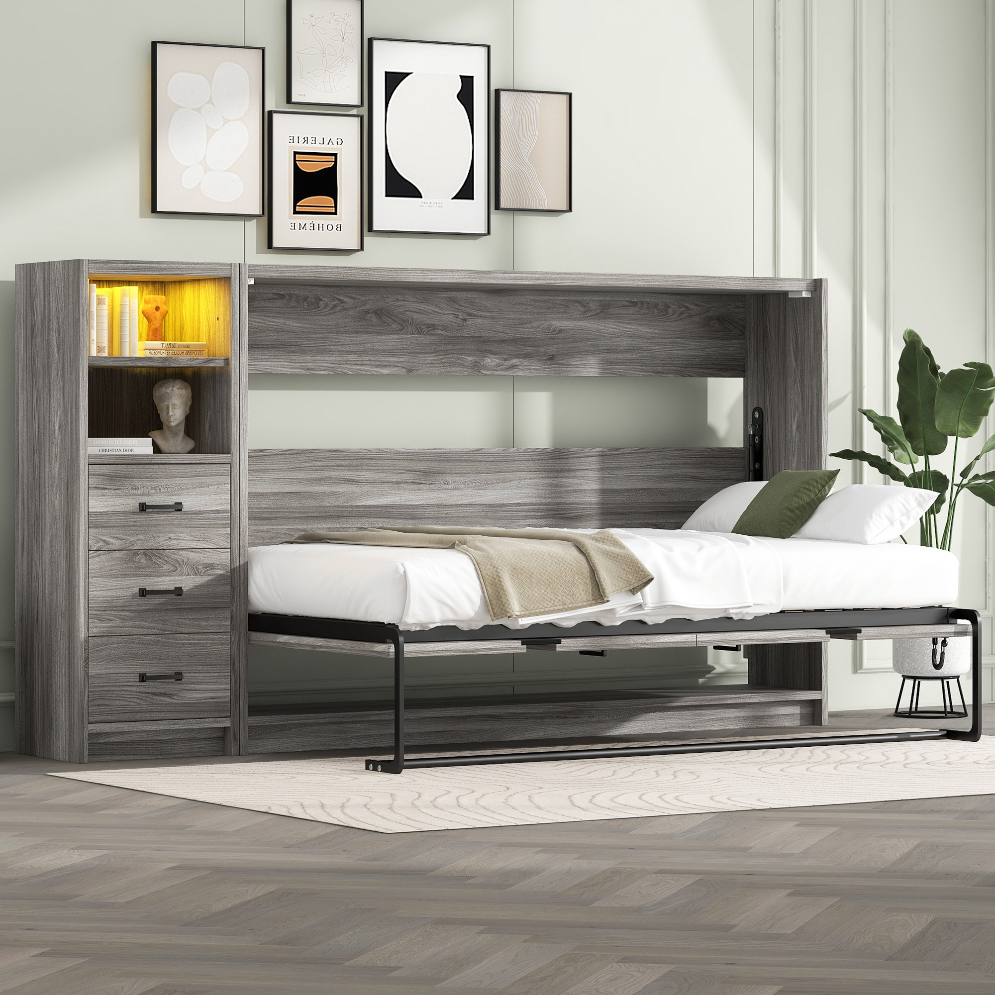 Hokku Designs Twin Size Murphy Bed with 3 Drawers & LED Light, Foldable ...