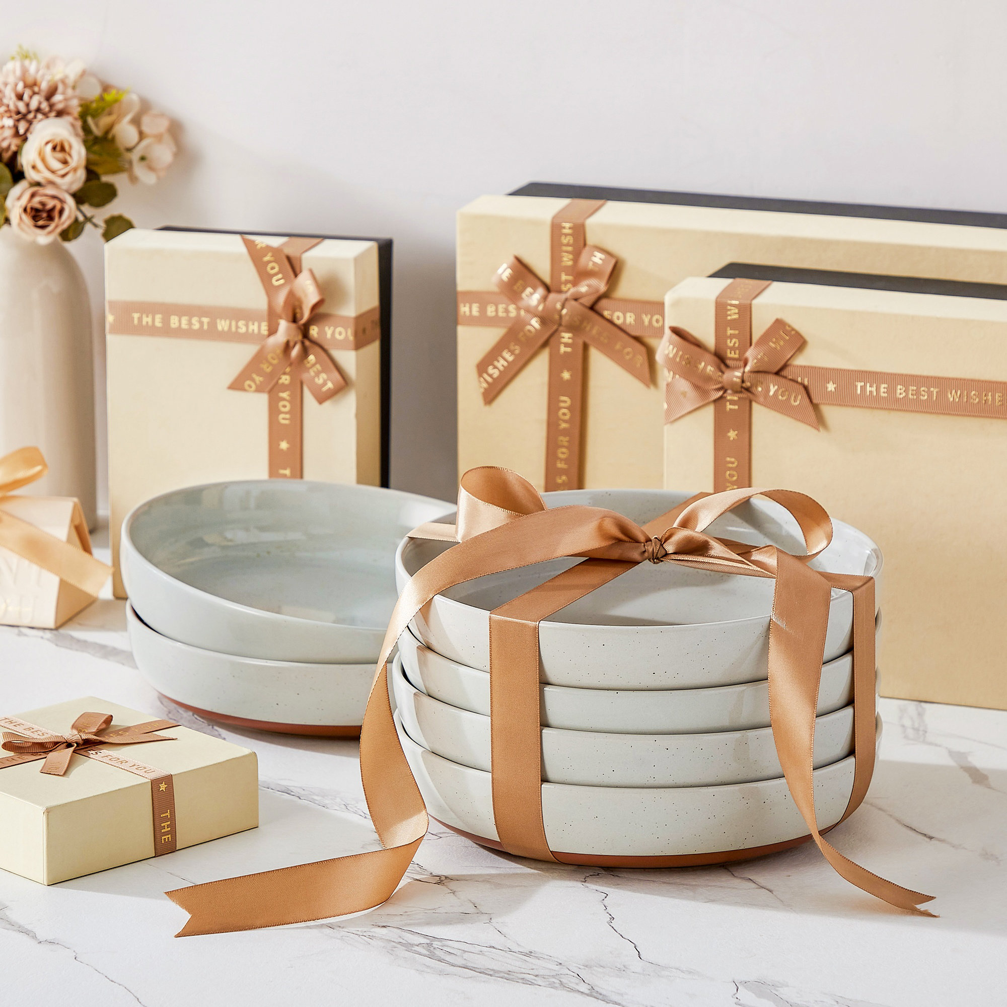 MALACASA 6-Piece White Sesame Glaze Ceramic Pasta Bowl Set, Ombre ...