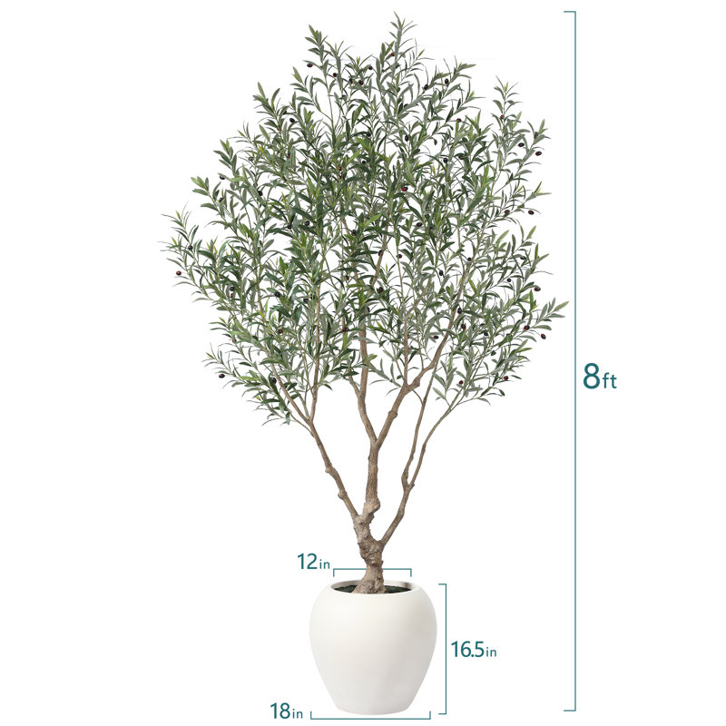 Primrue Adcock 8ft Artificial Olive Tree with 18in White Planter, Tall ...