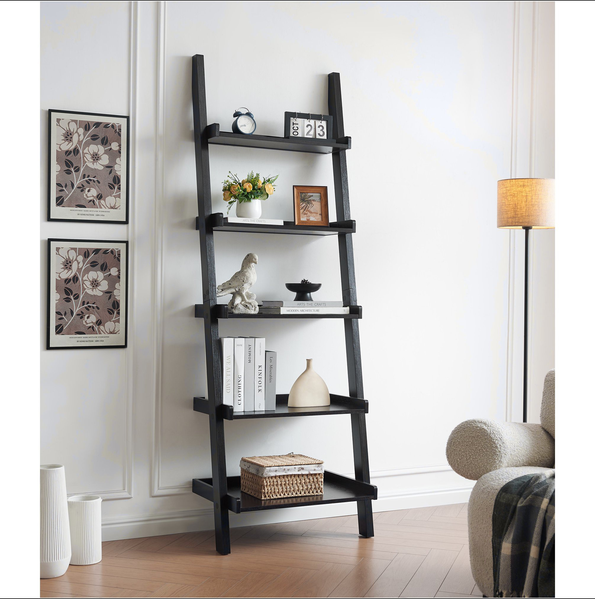 W-Jopns Bookcase ladder five shelf popular modern design multi-depth ...