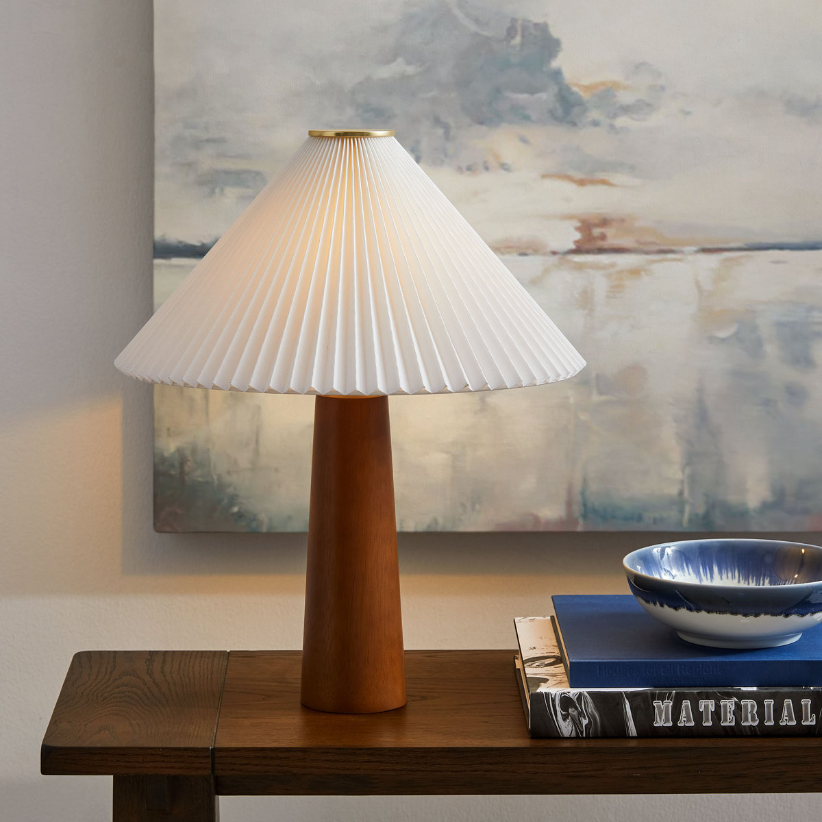 Modway Jessica Wooden Base Table Lamp With Pleated Fabric Shade In ...