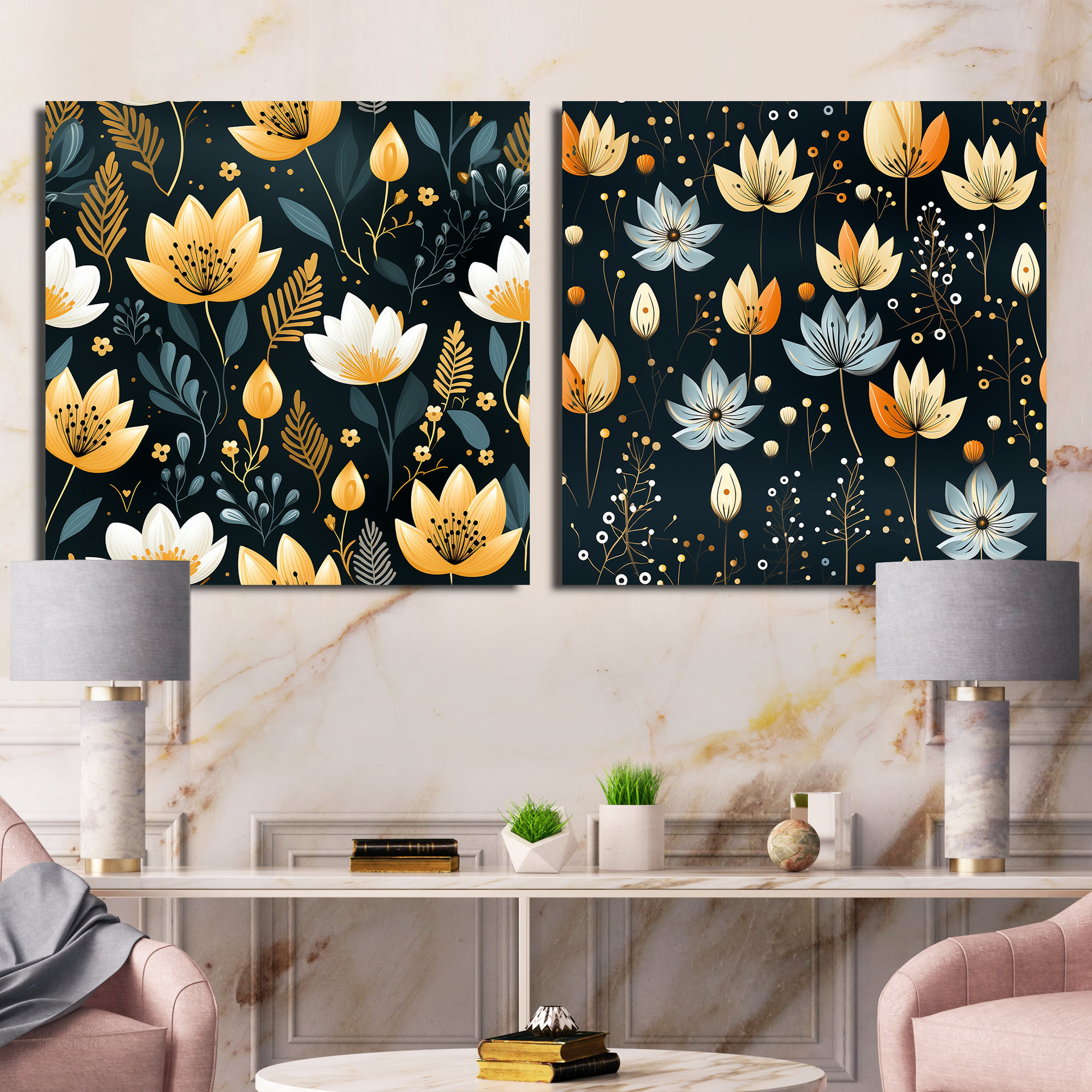 Design Art Meadow Black And Yellow Floral Pattern - Abstract Botanicals ...
