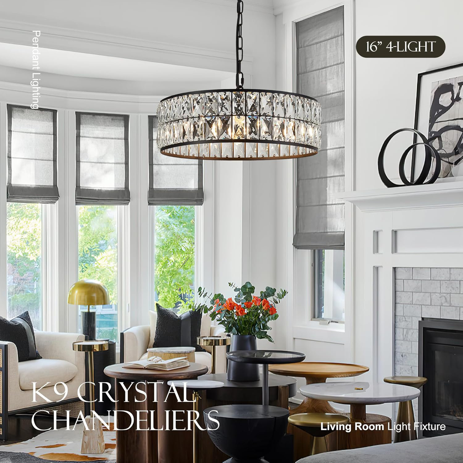 Mercer41 16" Crystal Chandelier, Round Black Ceiling Light Fixture For ...