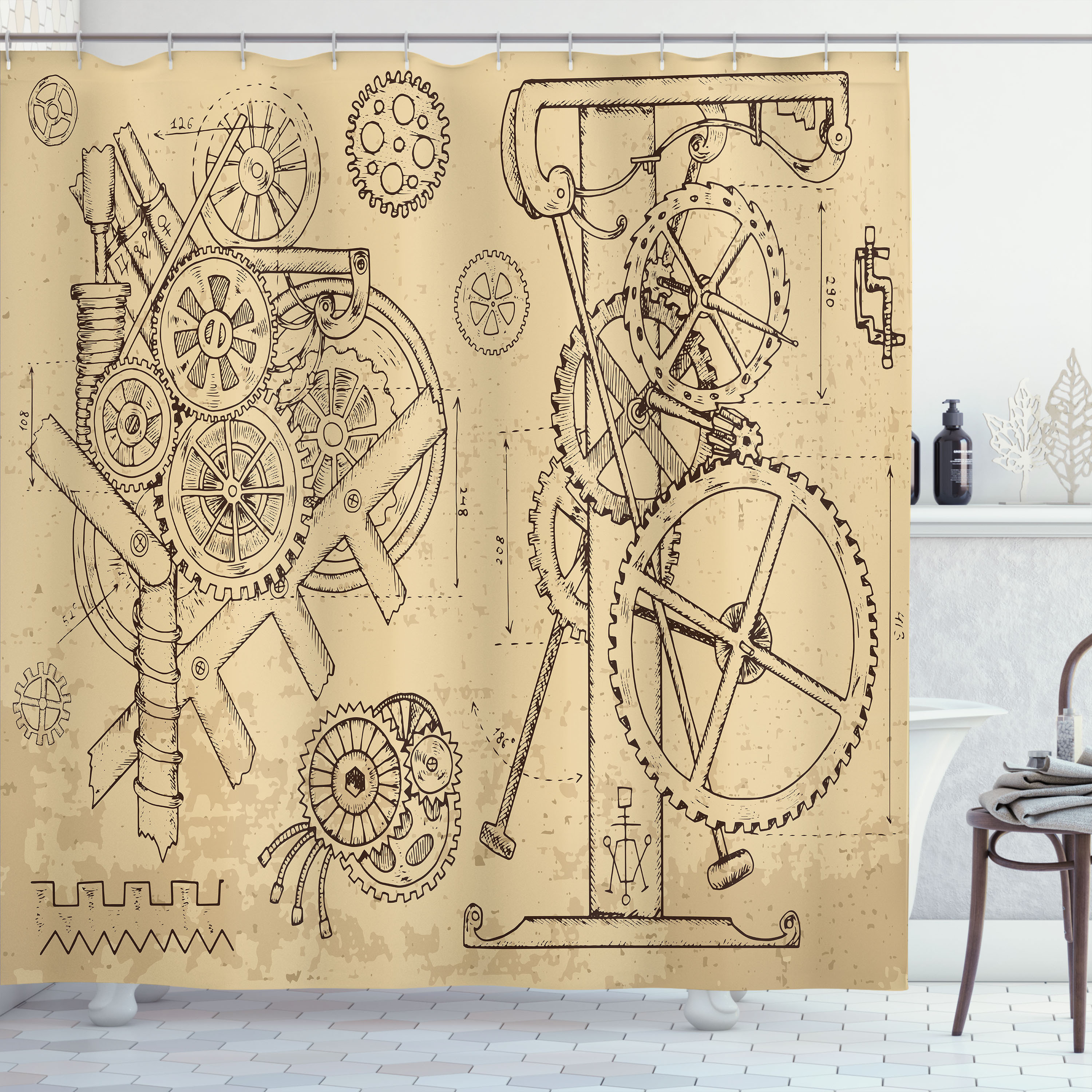 East Urban Home Steampunk Shower Curtain Hand-Drawn Machines Beige and ...