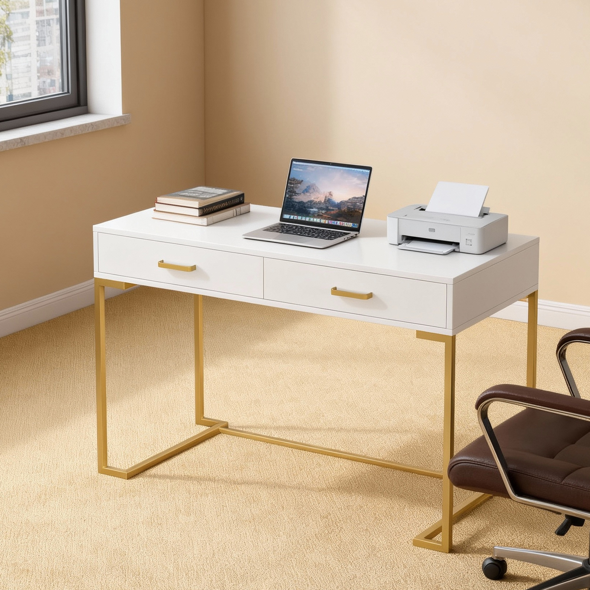 Direct Marketplace 40” White and Gold Computer Desk with 2 Drawers ...