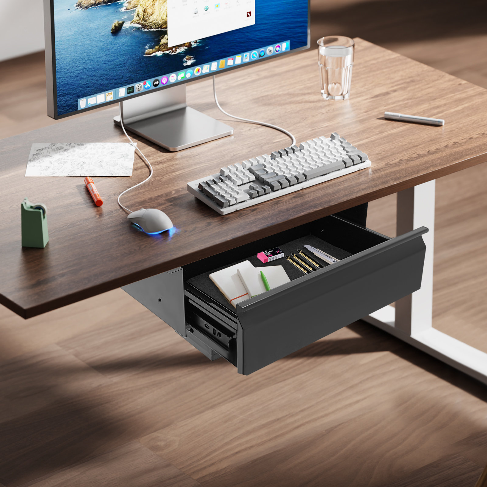 Inbox Zero Under Desk Mounted Sliding Pull-Out Drawer With Built-In ...