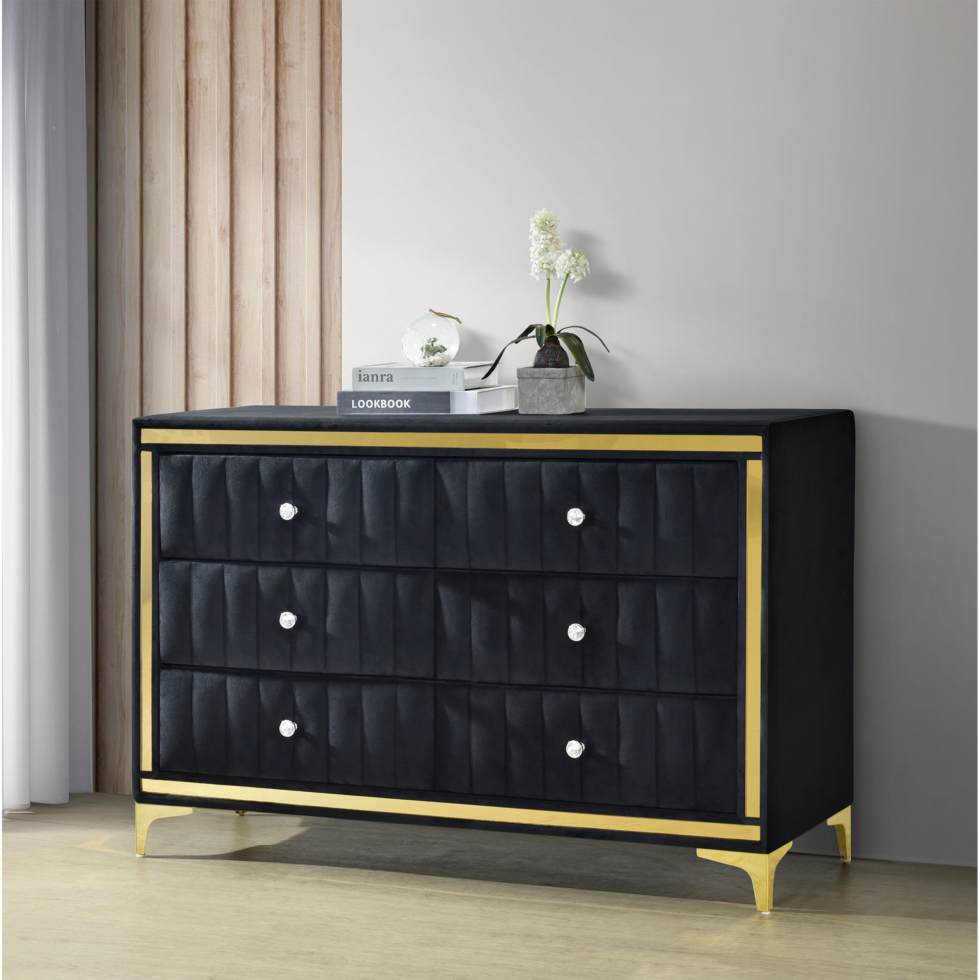 Mercer41 Merijn Velvet 6 Drawer Dresser Fully Assembled with Gold Legs ...