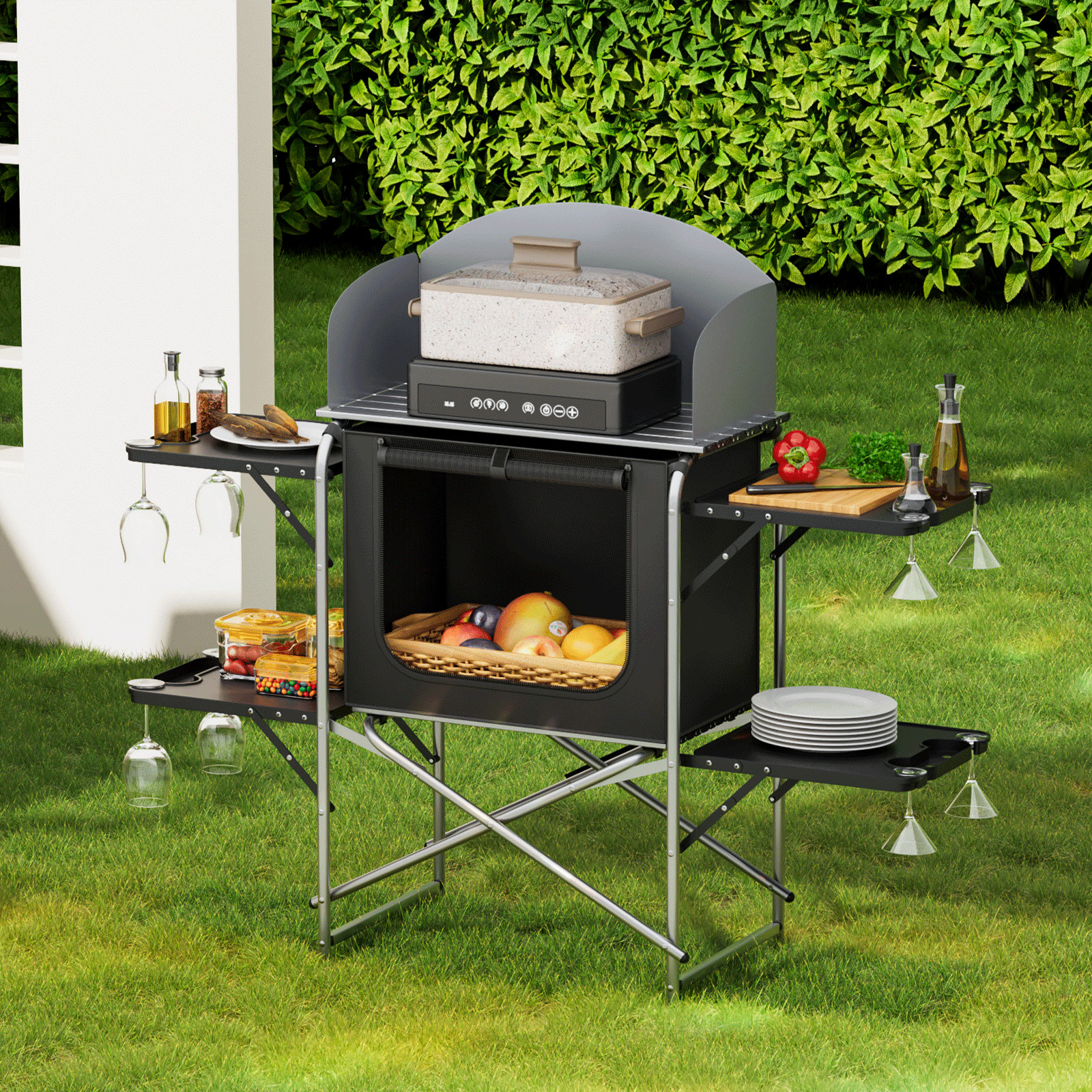 Arlmont & Co. Folding Portable Cook Table With Storage Organizer ...