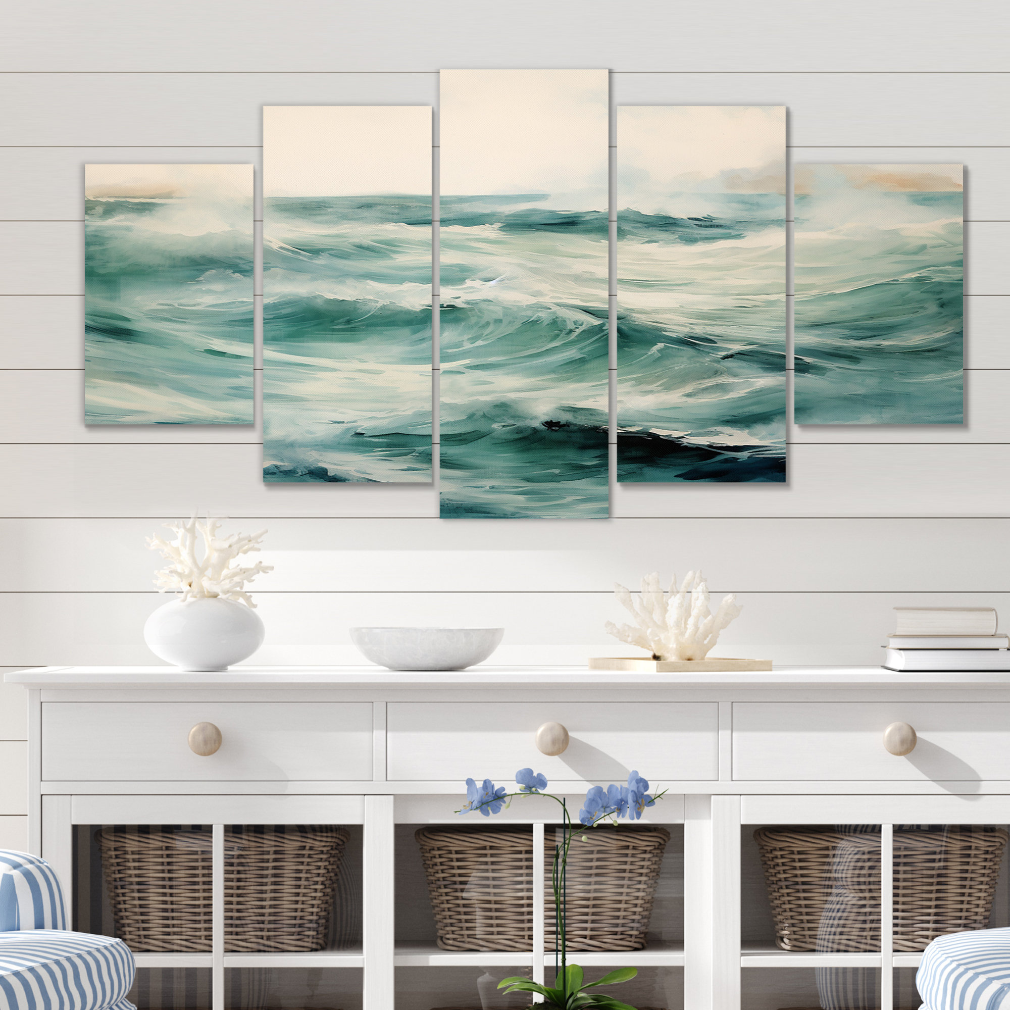 Design Art Blue Coastal Waves Wildness Watecolor - Coastal Waves Wall ...