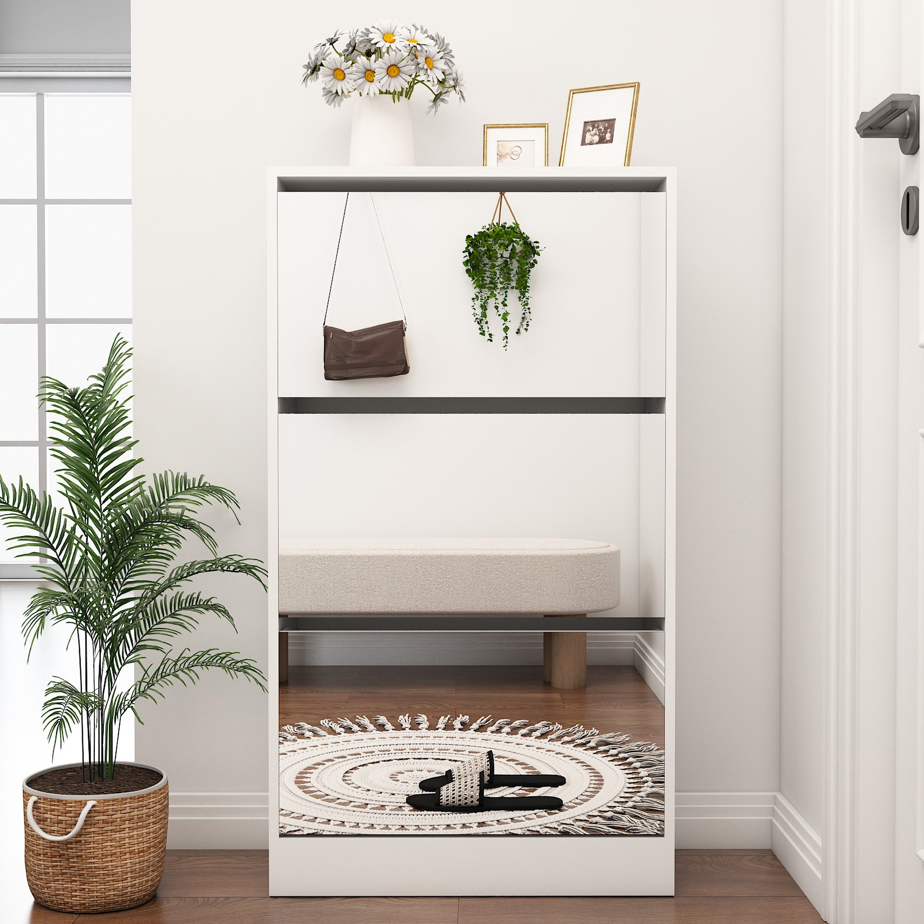 Wrought Studio™ White 3 Tier Shoe Cabinet With Mirror, Slim Wood Rack ...