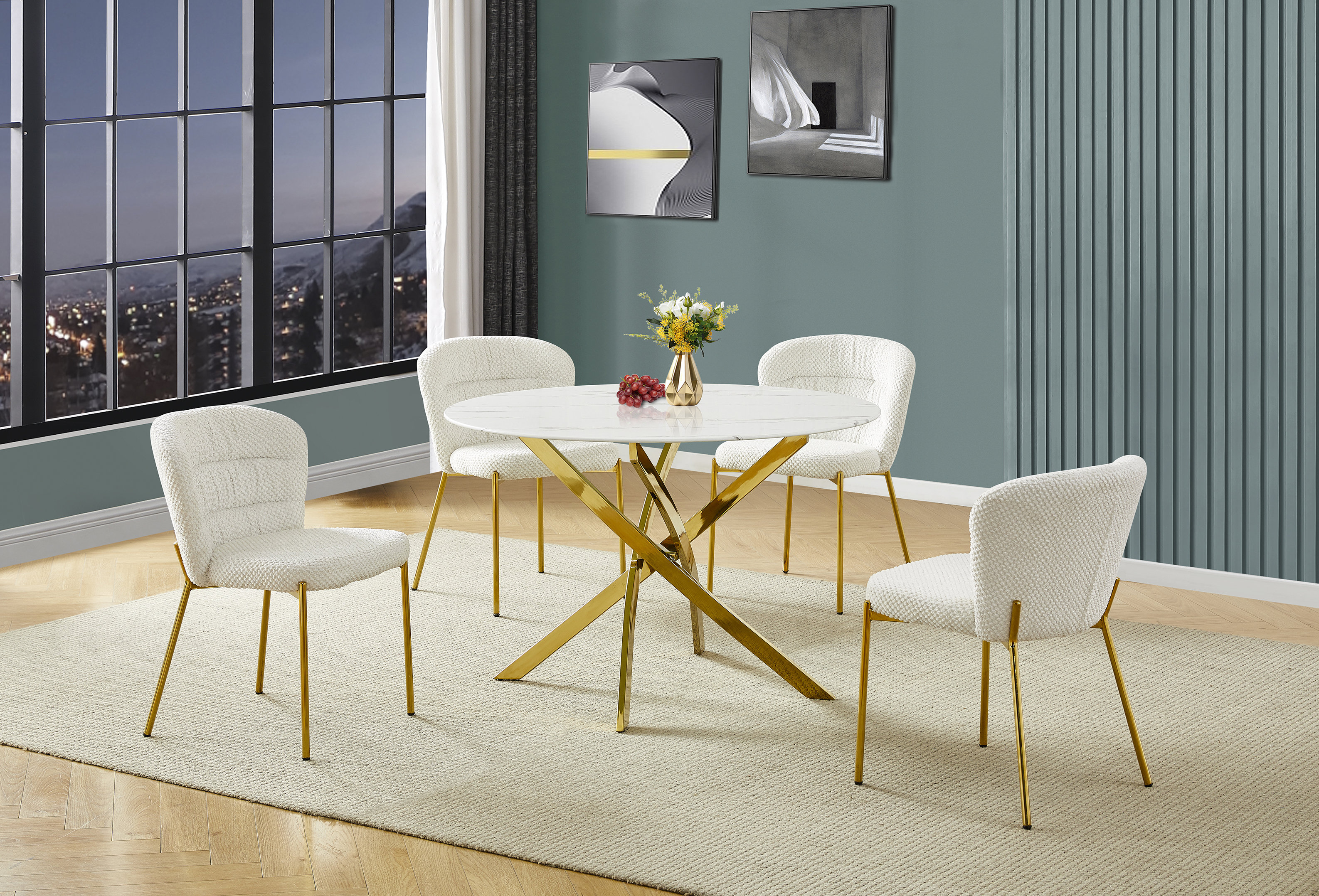 Mercer41 Circular Glass With White Marble Wrap Dining Set With Fluffy ...