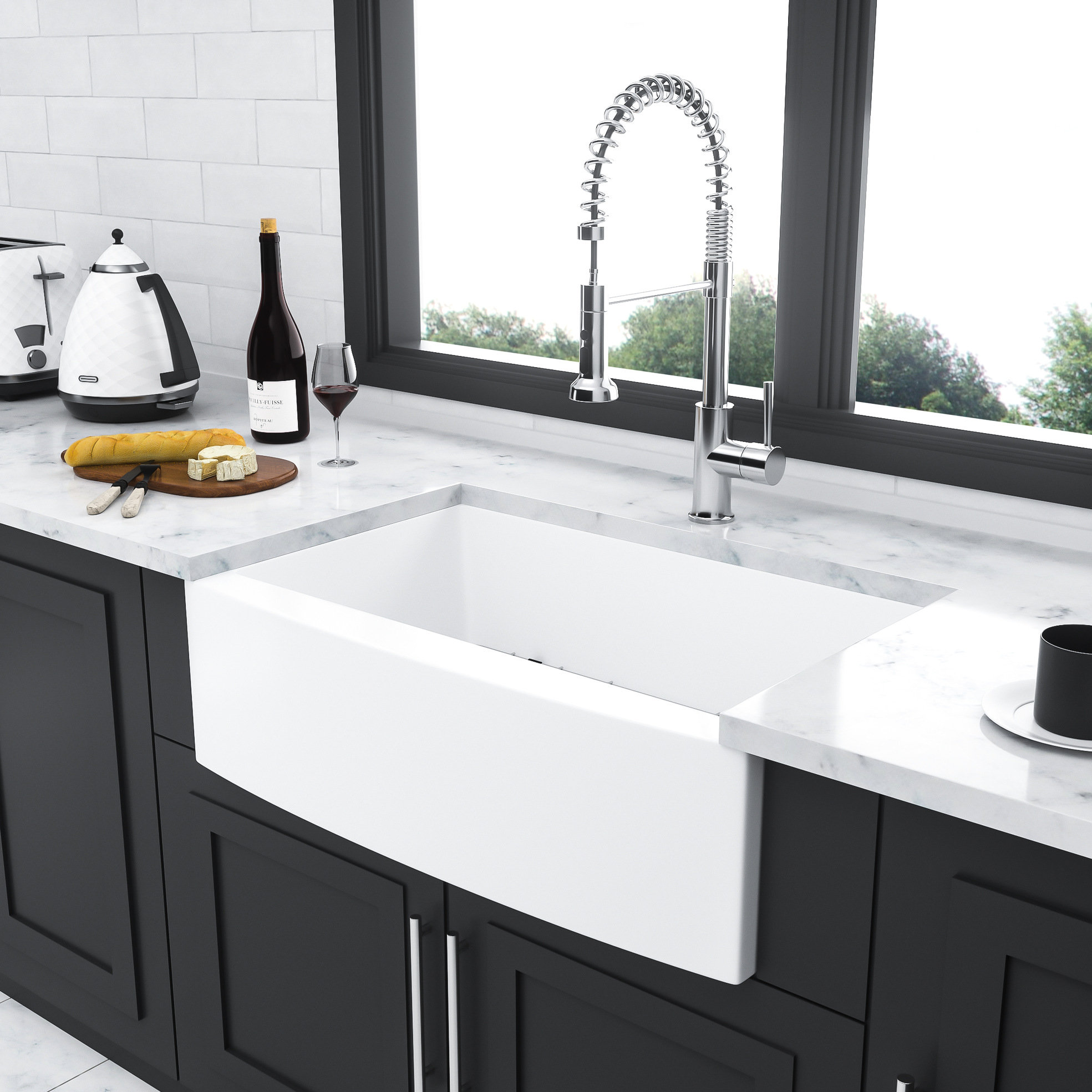 Crafted Palm 33 Inch White Ceramic Kitchen Sink With Arch Edge Apron ...