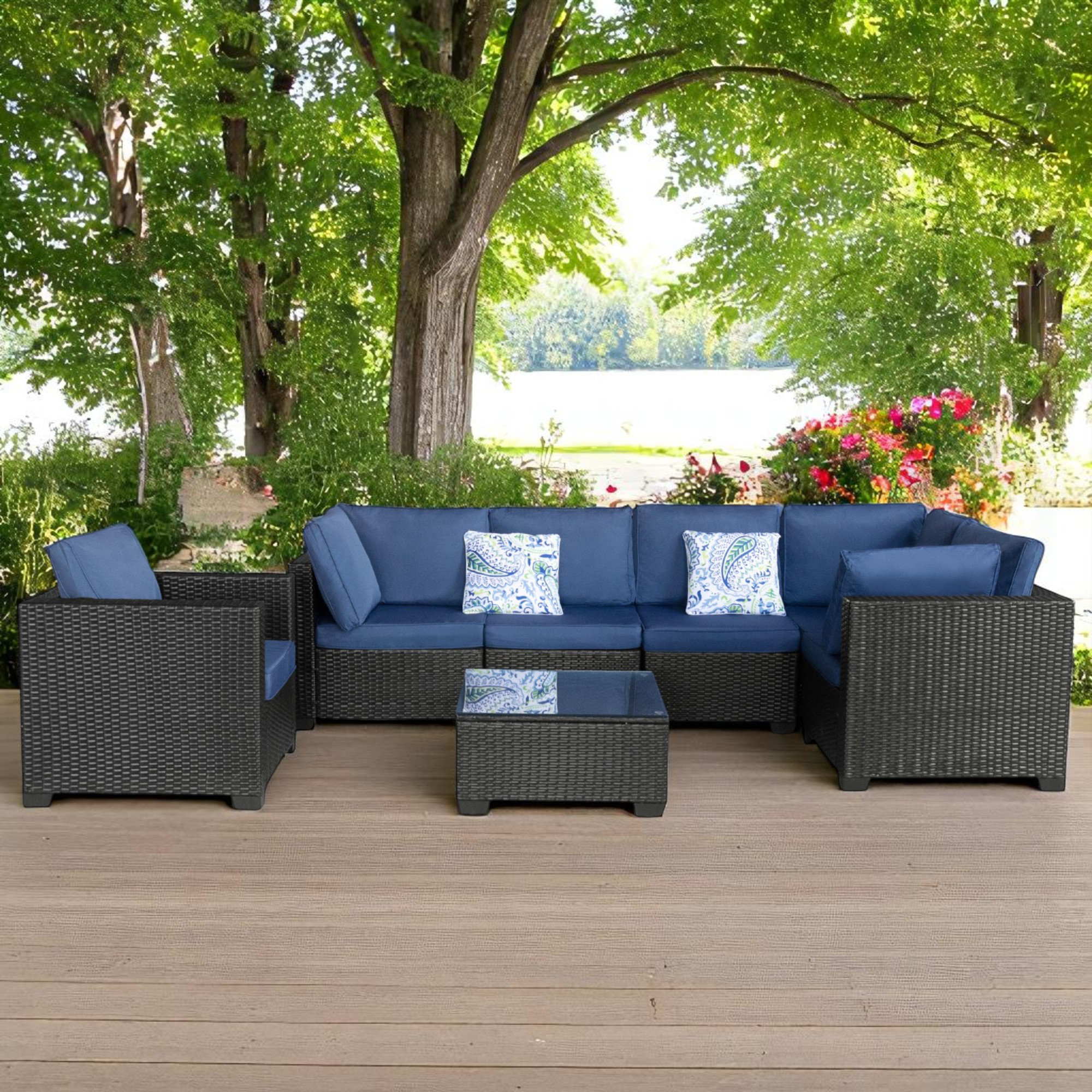 Latitude Run® 7-Piece Outdoor Wicker Patio Conversation Furniture Set ...
