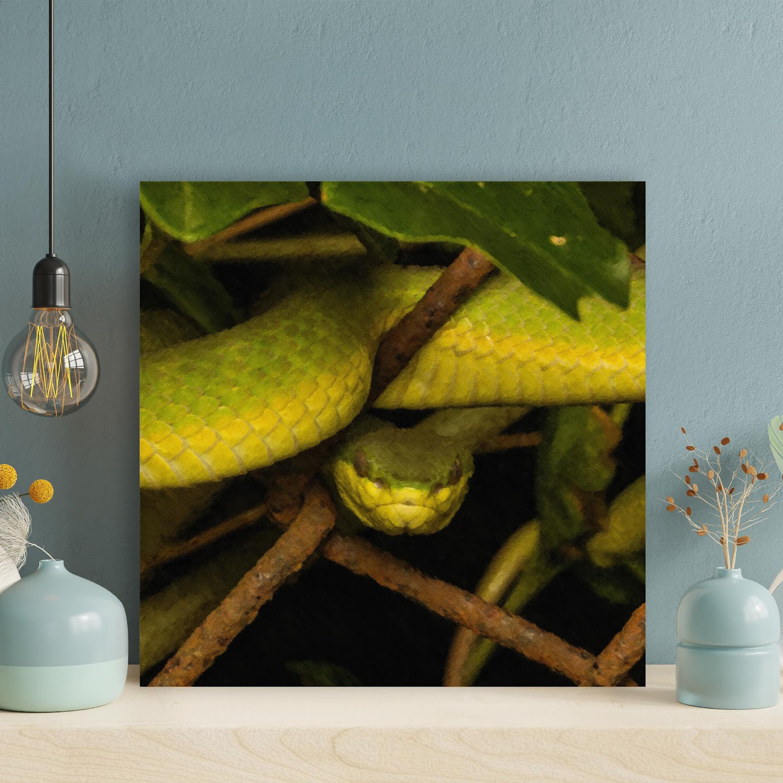 Latitude Run® Green Snake On Brown Tree Branch 10 - Wrapped Canvas ...