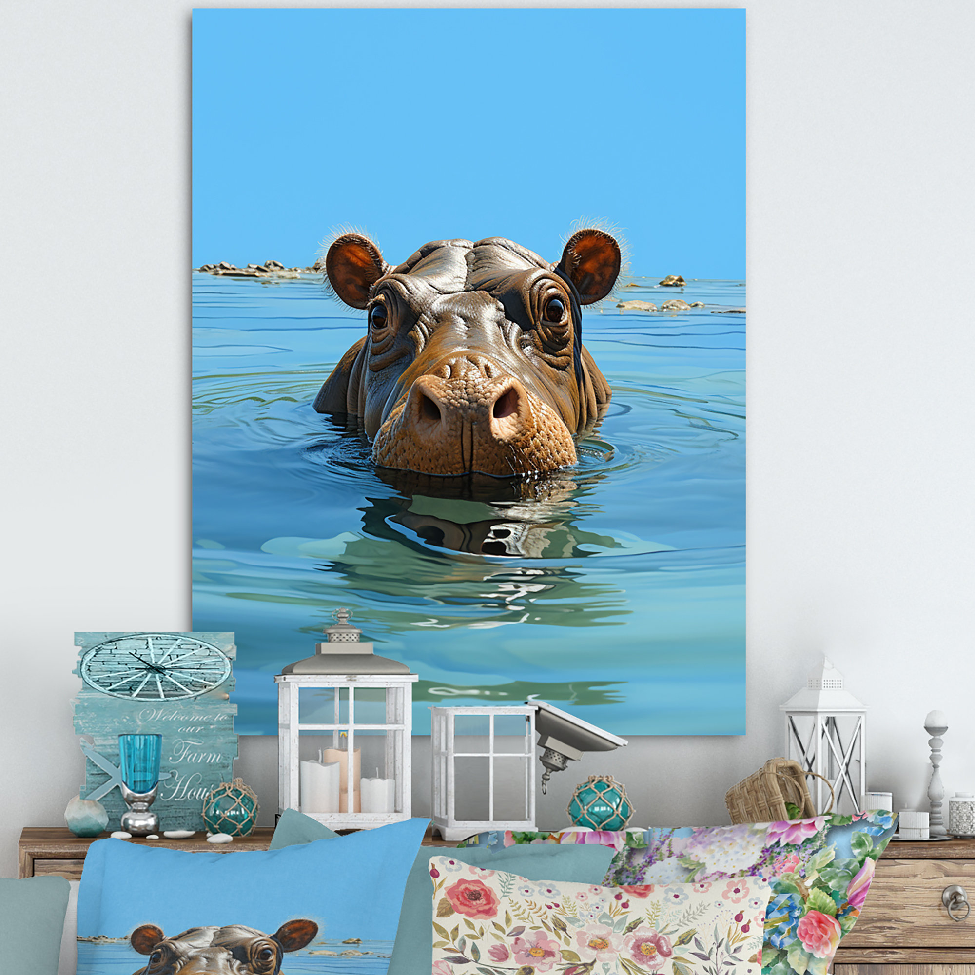 Millwood Pines Grey Joyful Hippo - Hippopotamus Wall Art | Wayfair