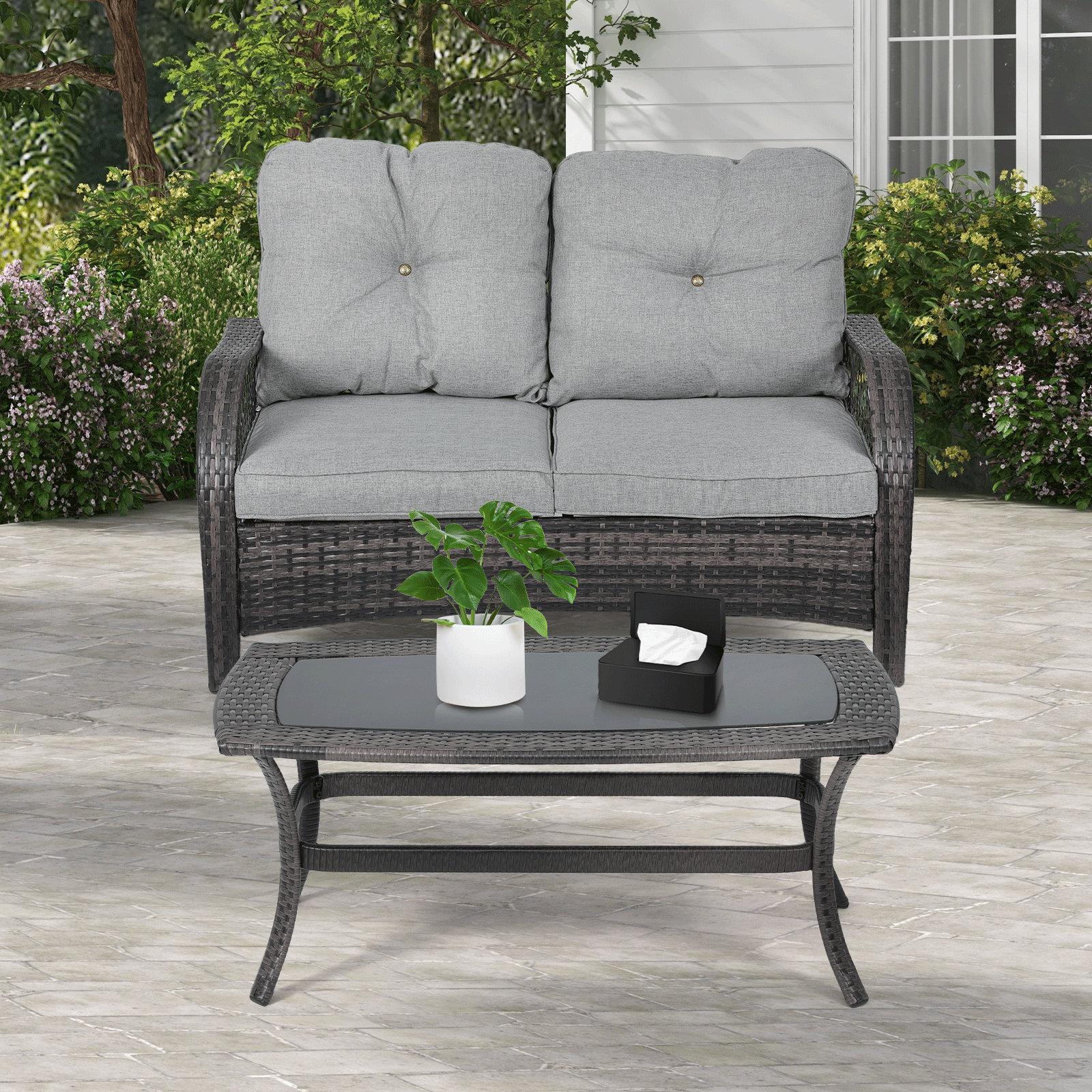 Latitude Run® 2 Pieces Patio Furniture Set, Outdoor Wicker Sofa ...