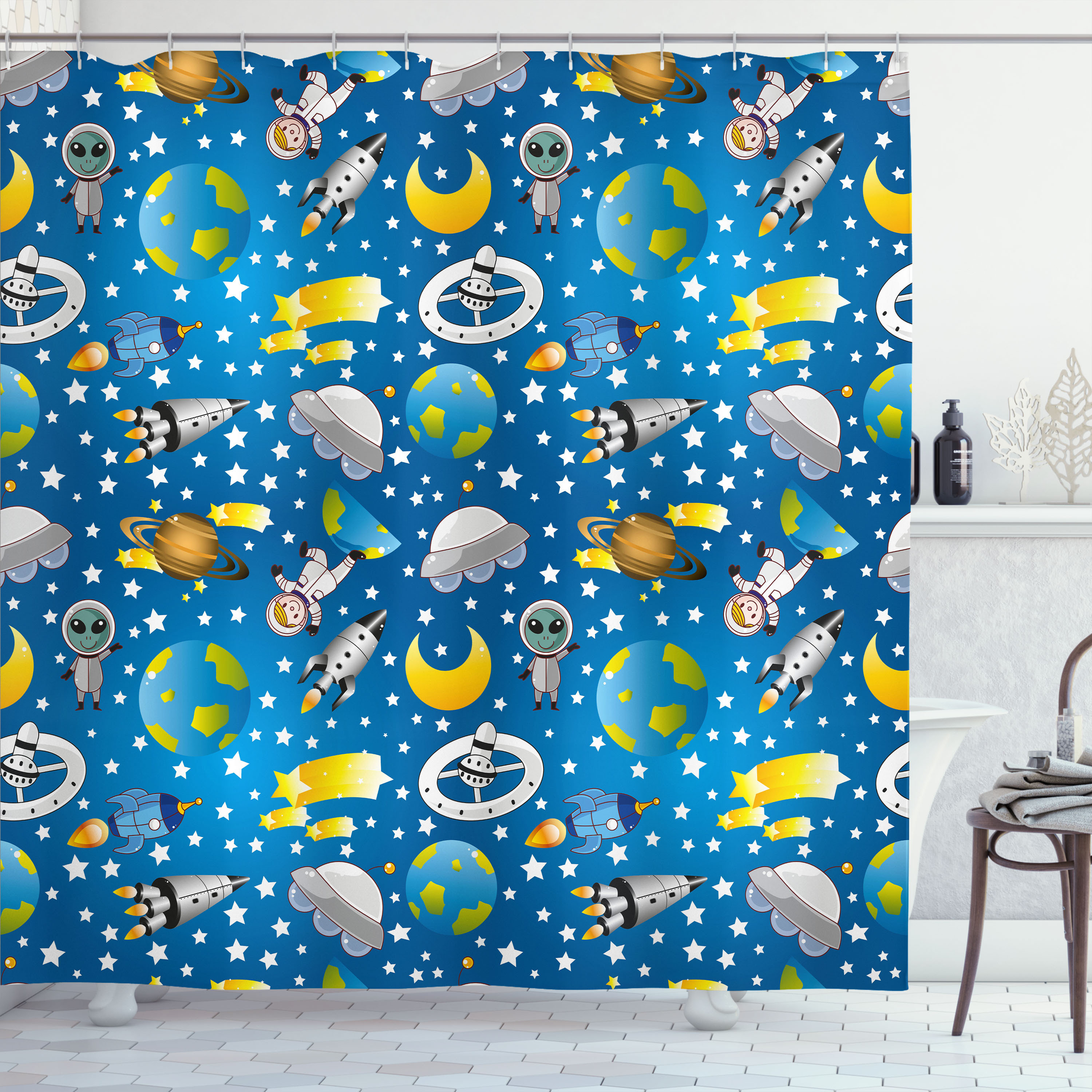 Dakota Fields Space Shower Curtain Alien and Human Astronaut Blue Grey ...