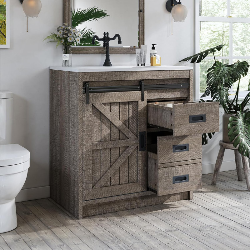 Gracie Oaks 31" Farmhouse Sliding Barn Door Bathroom Vanity with Sink ...