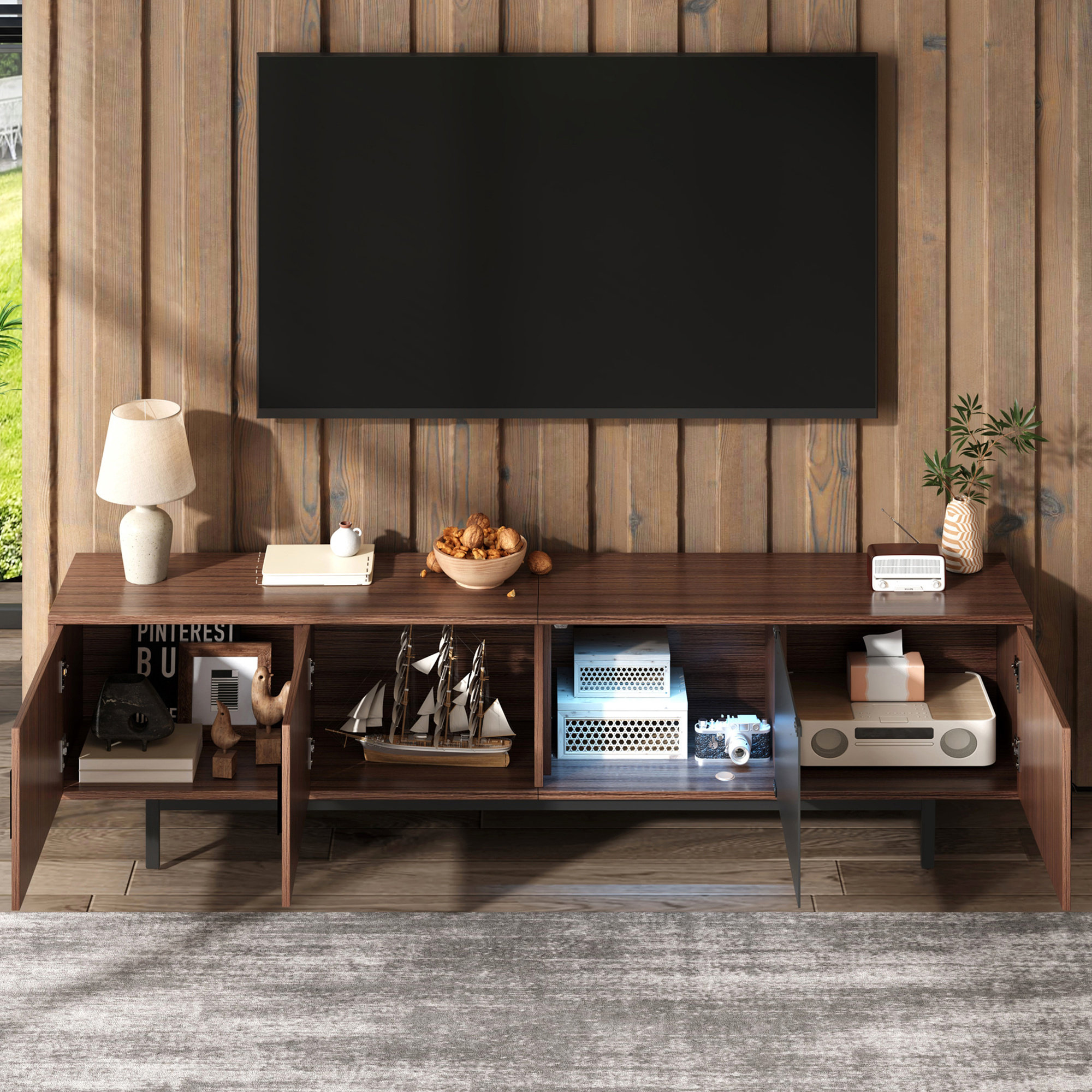 Metro Lane TV Cabinet, TV Furniture with LED Light Strip and Tempered ...