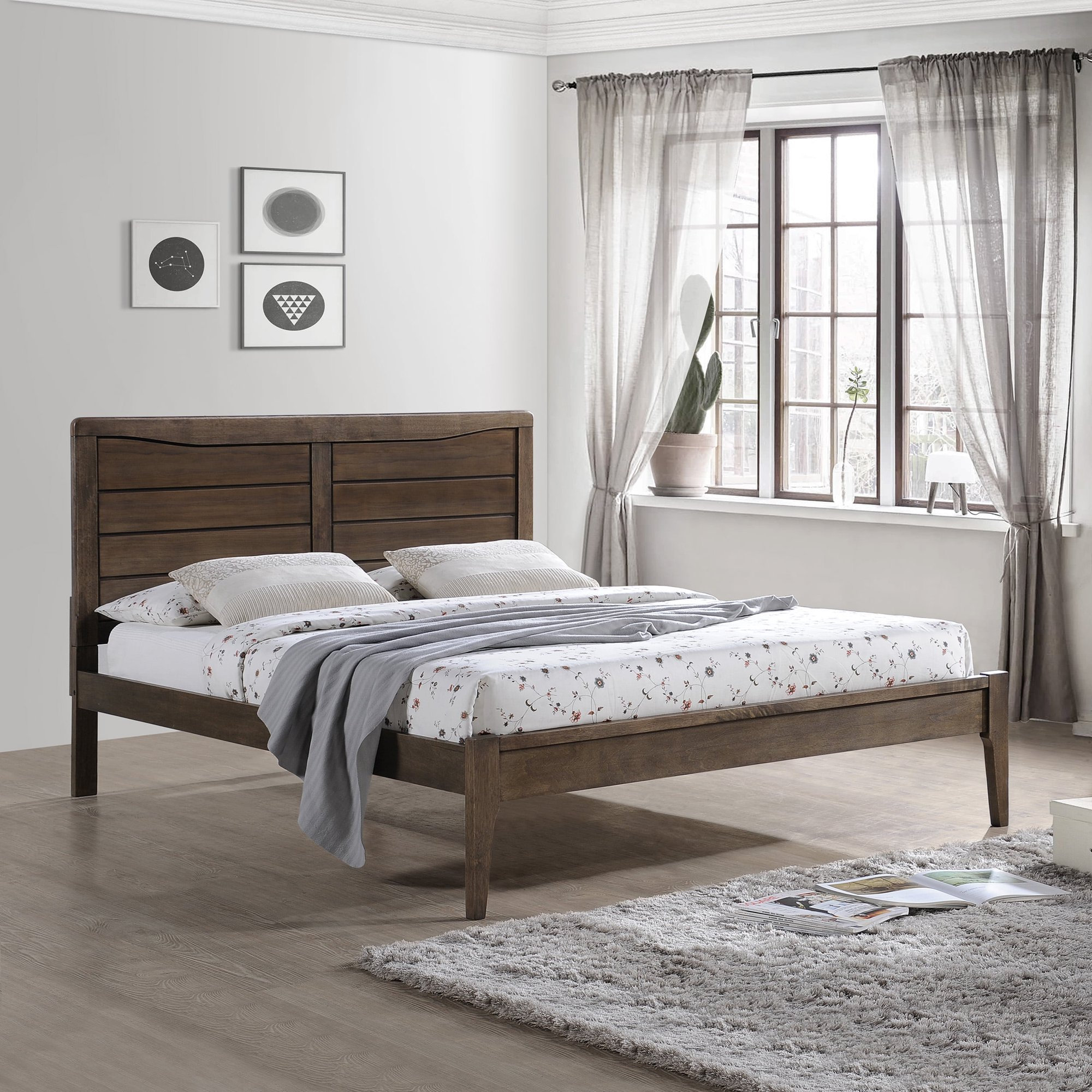 Lark Manor Wooden queen bed frame in brown oak finish, complete bedroom ...