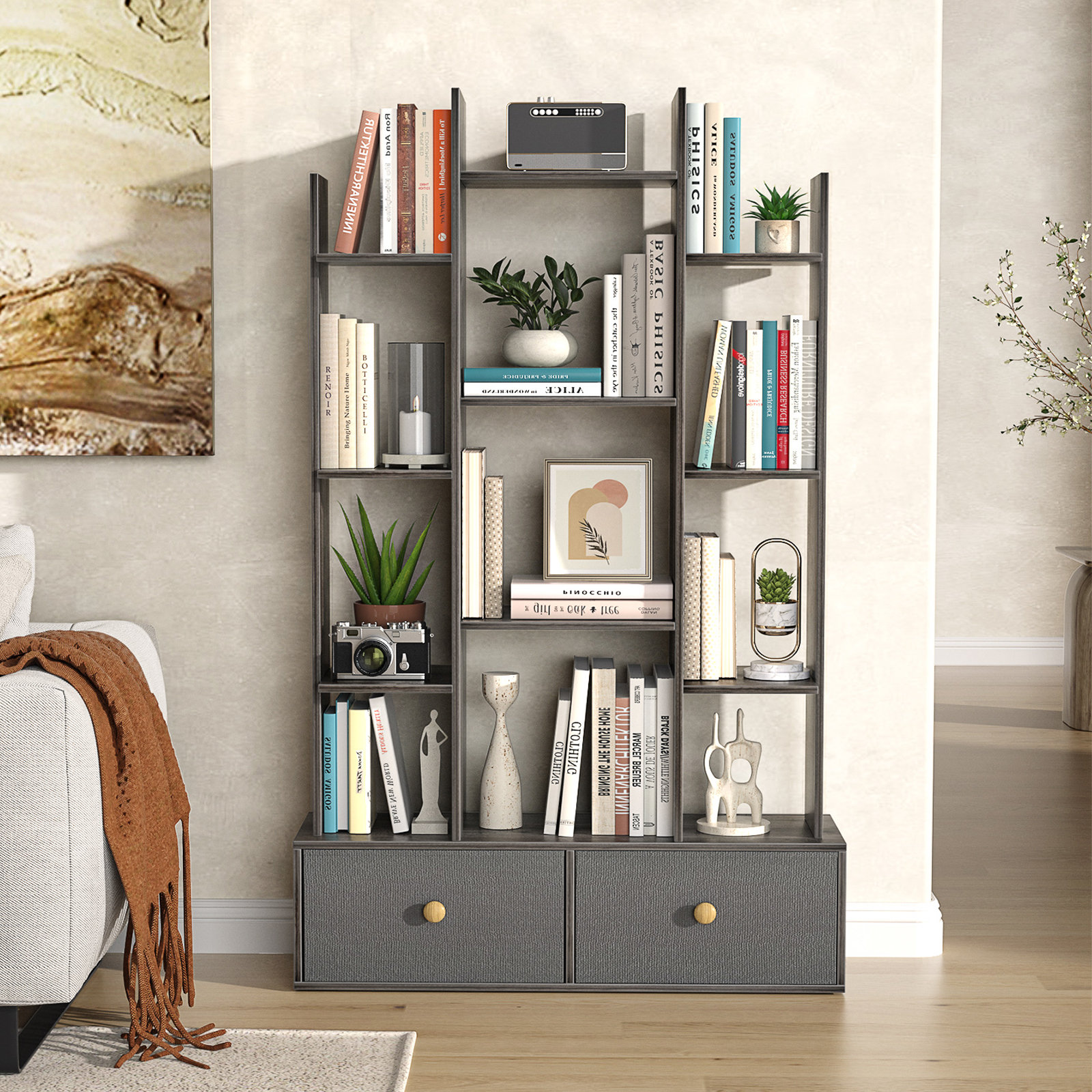 Ebern Designs Geometric Storage Bookcase With 2 Drawers & Reviews | Wayfair