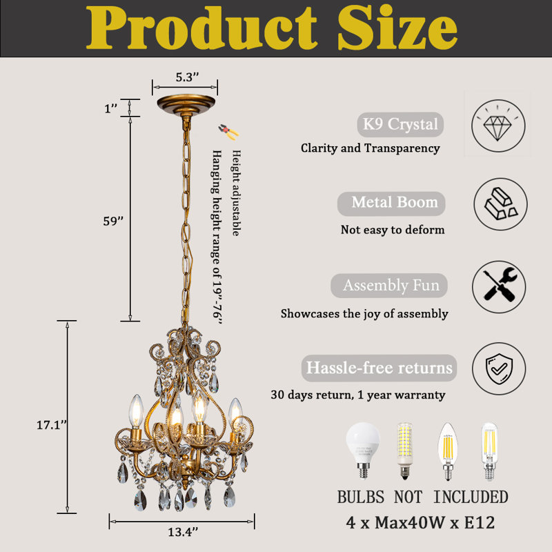 House of Hampton Markees 4-lights Antique Gold Candlestick Chandelier ...