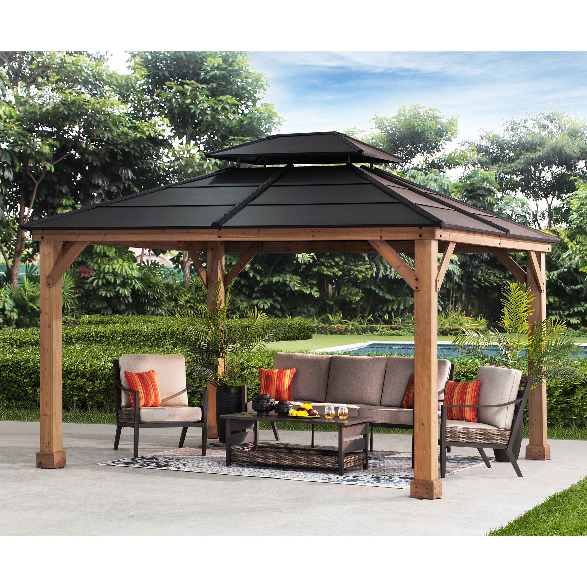 Sunjoy Hardtop Gazebo 11’ x 13’ Outdoor Cedar Framed Wood Gazebo with ...