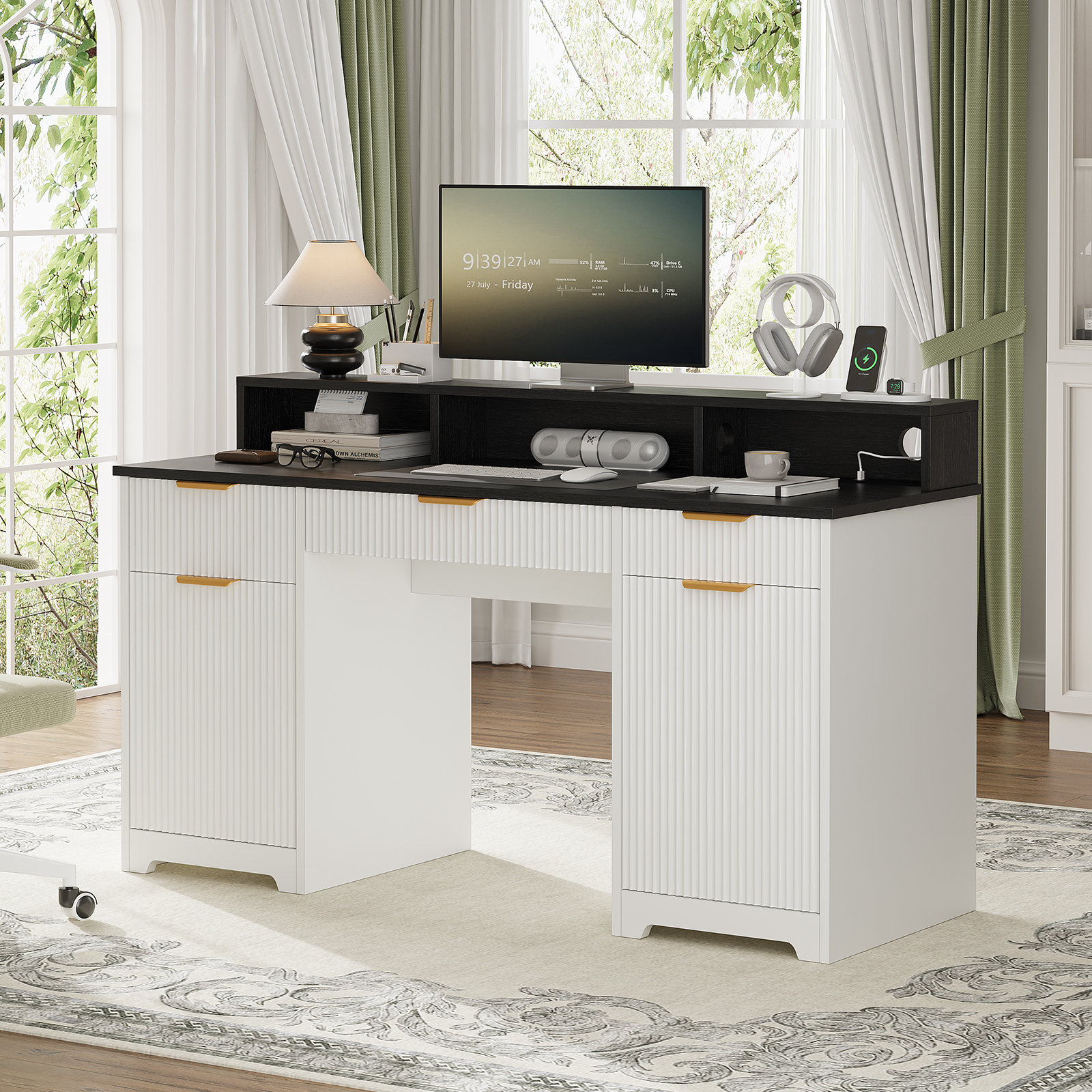 House of Hampton 59" Home Office Desk with Charging Station, Fluted ...