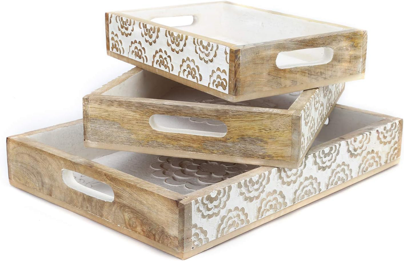 Gracie Oaks Rustic Wood Tray Set Of 3 Torched Nesting Hand Carved Set ...