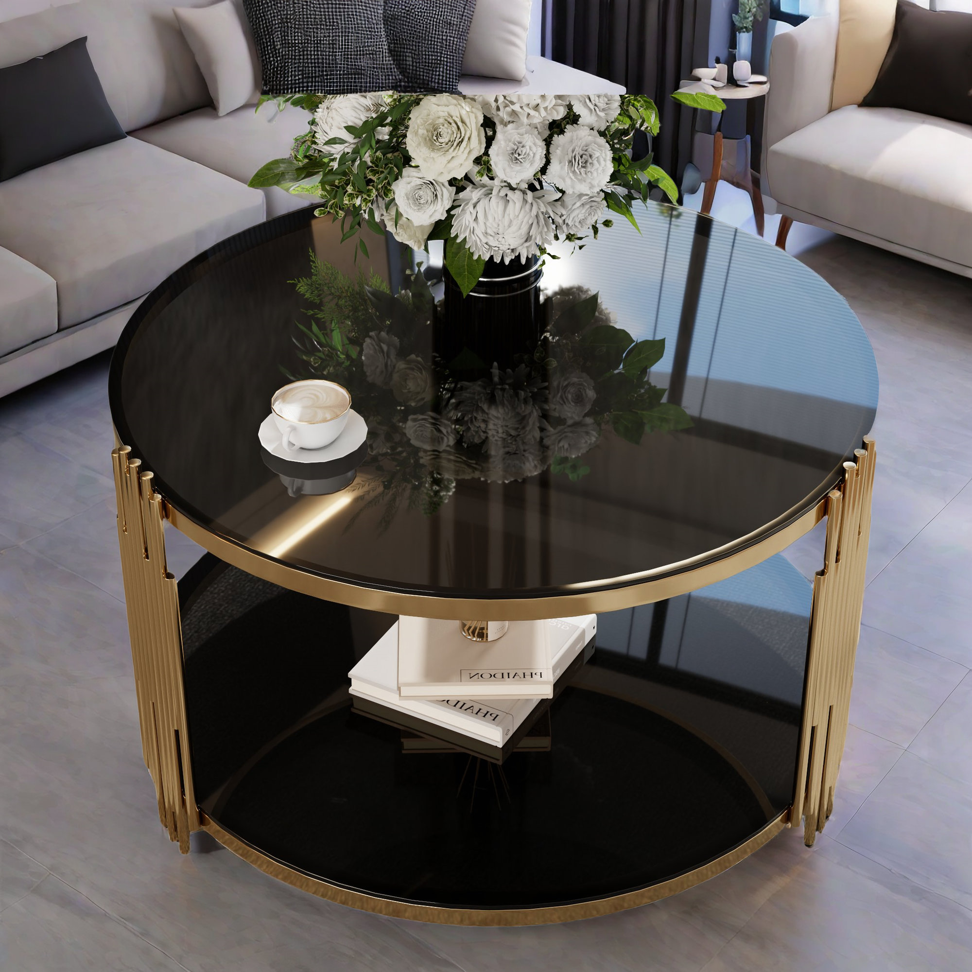 Mercer41 Miekai Black Mirror Coffee Table with Asymmetrical Metal ...