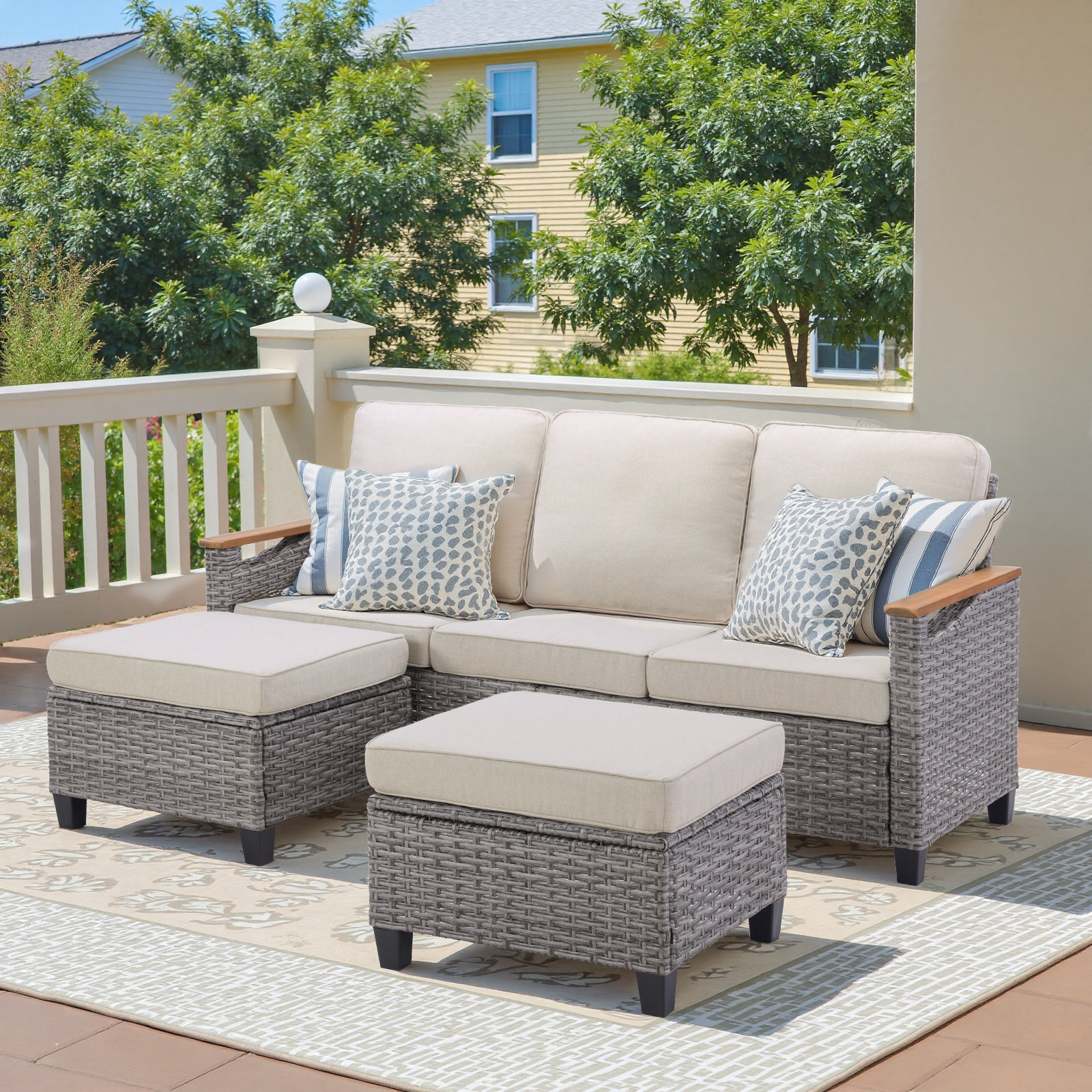 Latitude Run® 3 Pieces Outdoor Sofa Seating Group, 3-Seater Wicker Sofa ...