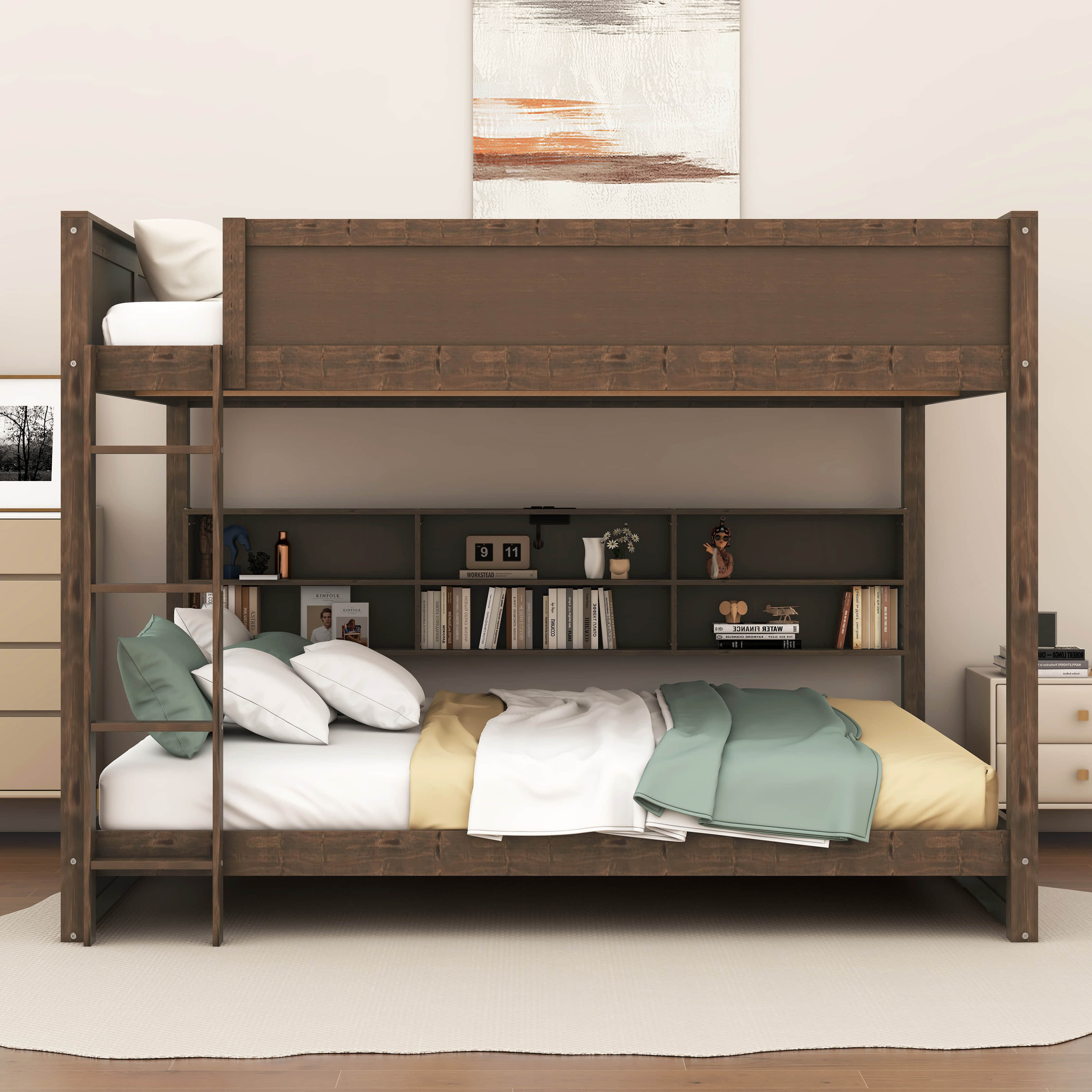Ling IN Queen Over Queen Bunk Bed With Storage Cabinets And USB Ports ...