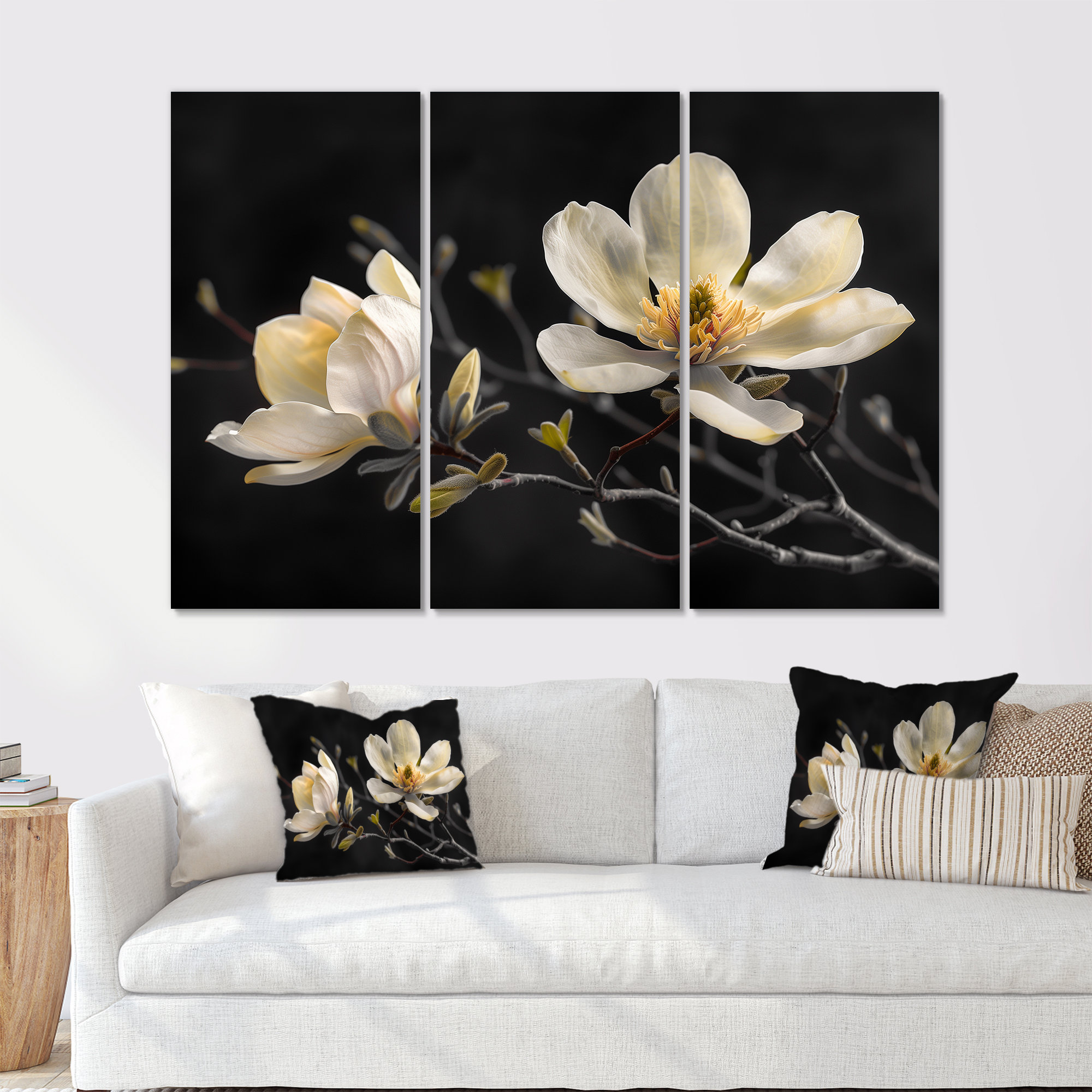 Design Art White Black Elegant Magnolias - Magnolias Wall Decor Set ...