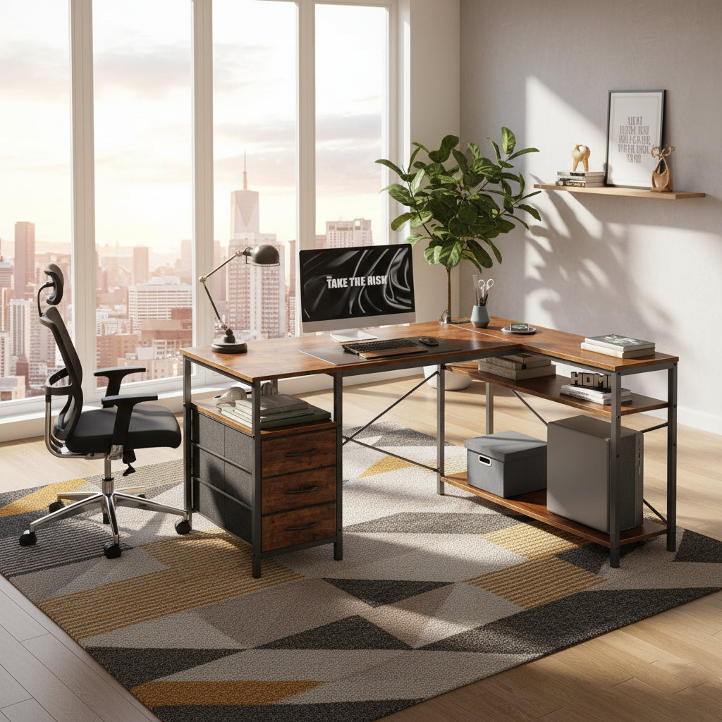 17 Stories L-Shaped Office Murawski & Modern Computer Table With Built ...