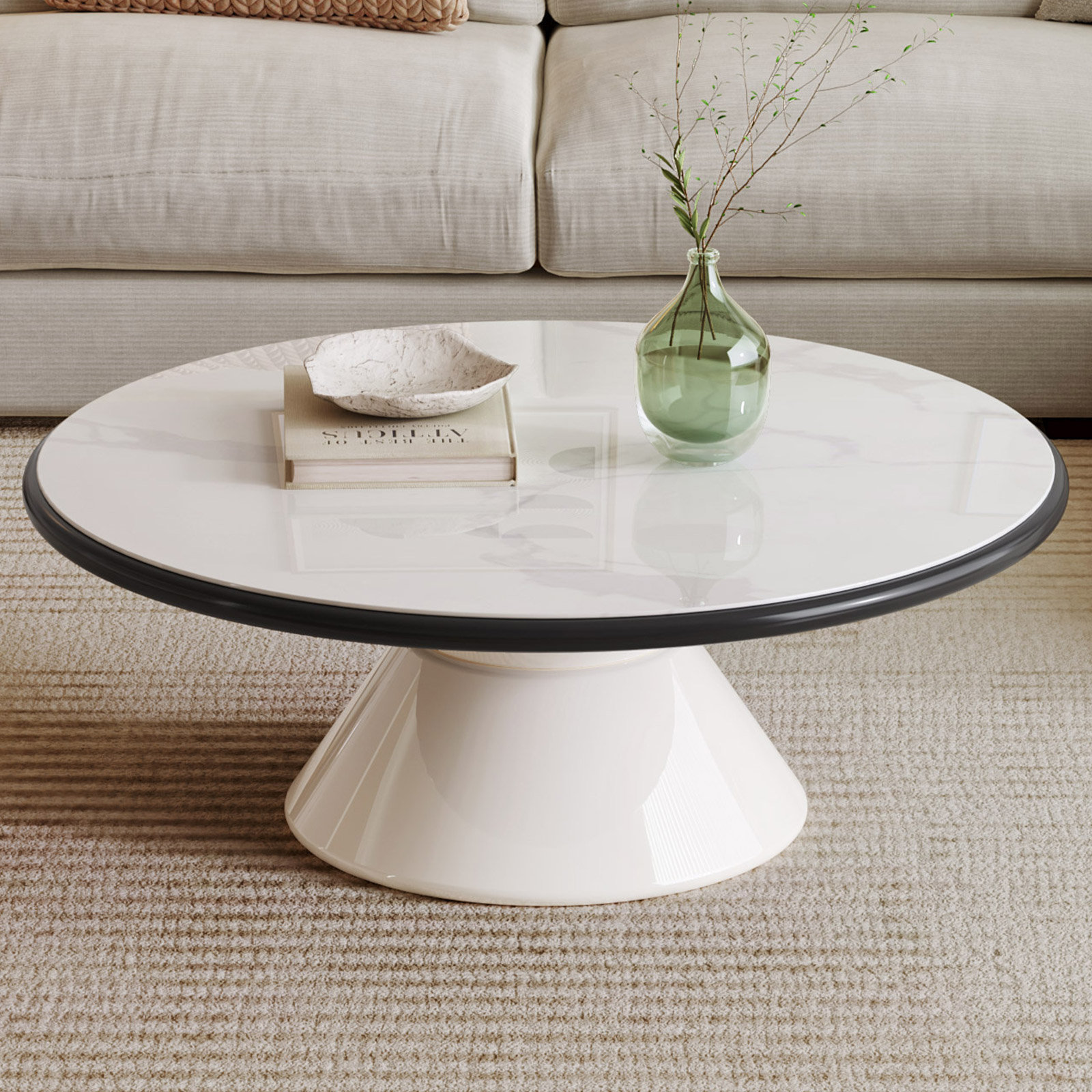 EUQEZEOM™ Modern Round Coffee Table 29.92 Inch, Cream White Stone Glass ...