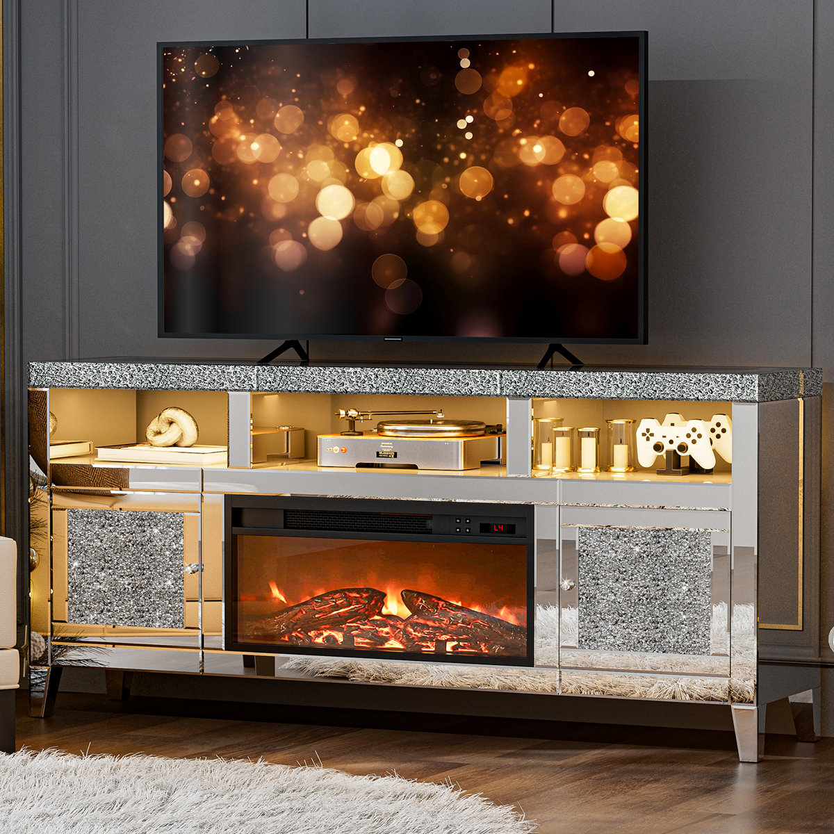 Orren Ellis Mirrored Fireplace Tv Stand For 65+ Inch Tv, Silver Tv ...