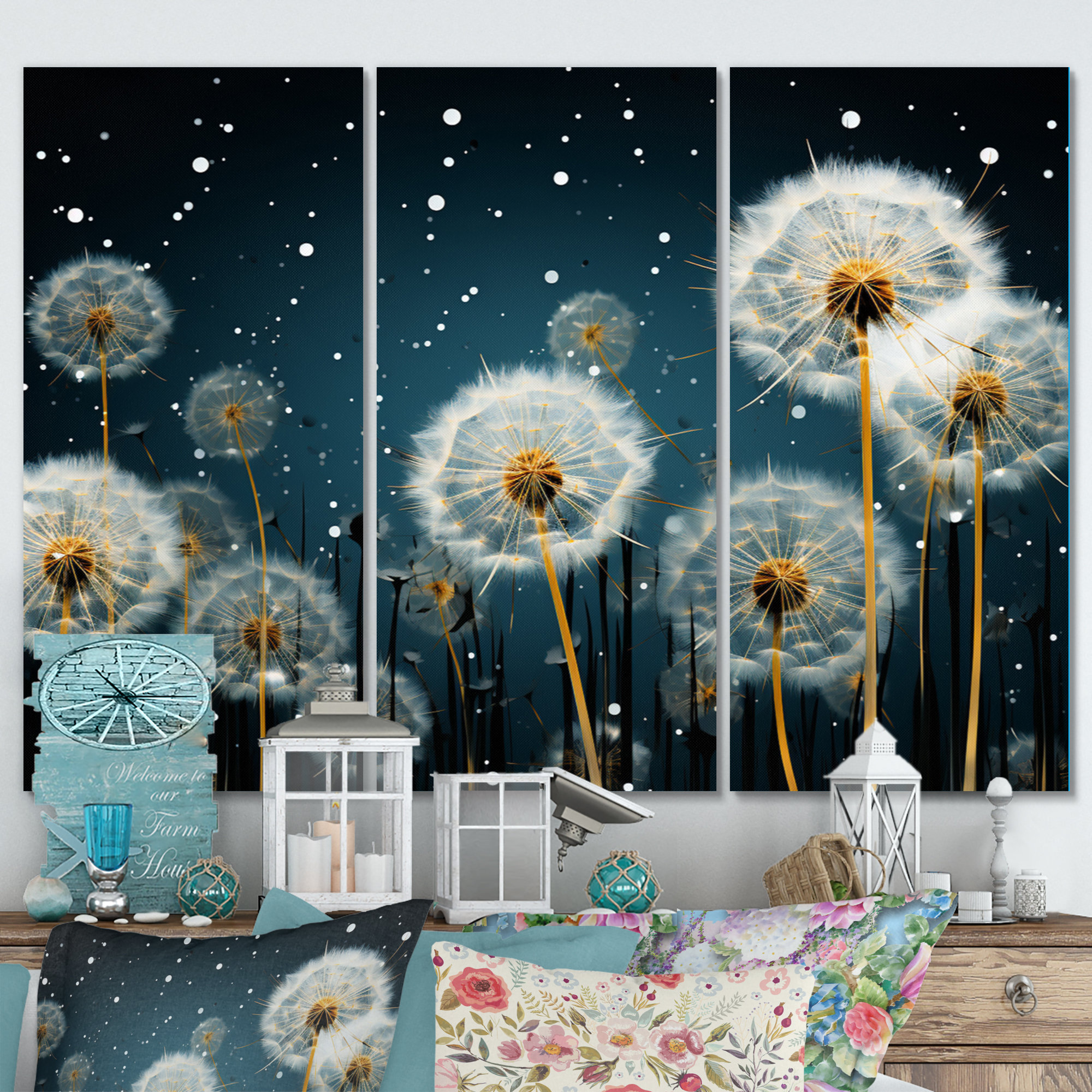 Design Art White Teal Dandelion Symphony IV - Floral Metal Wall Art ...