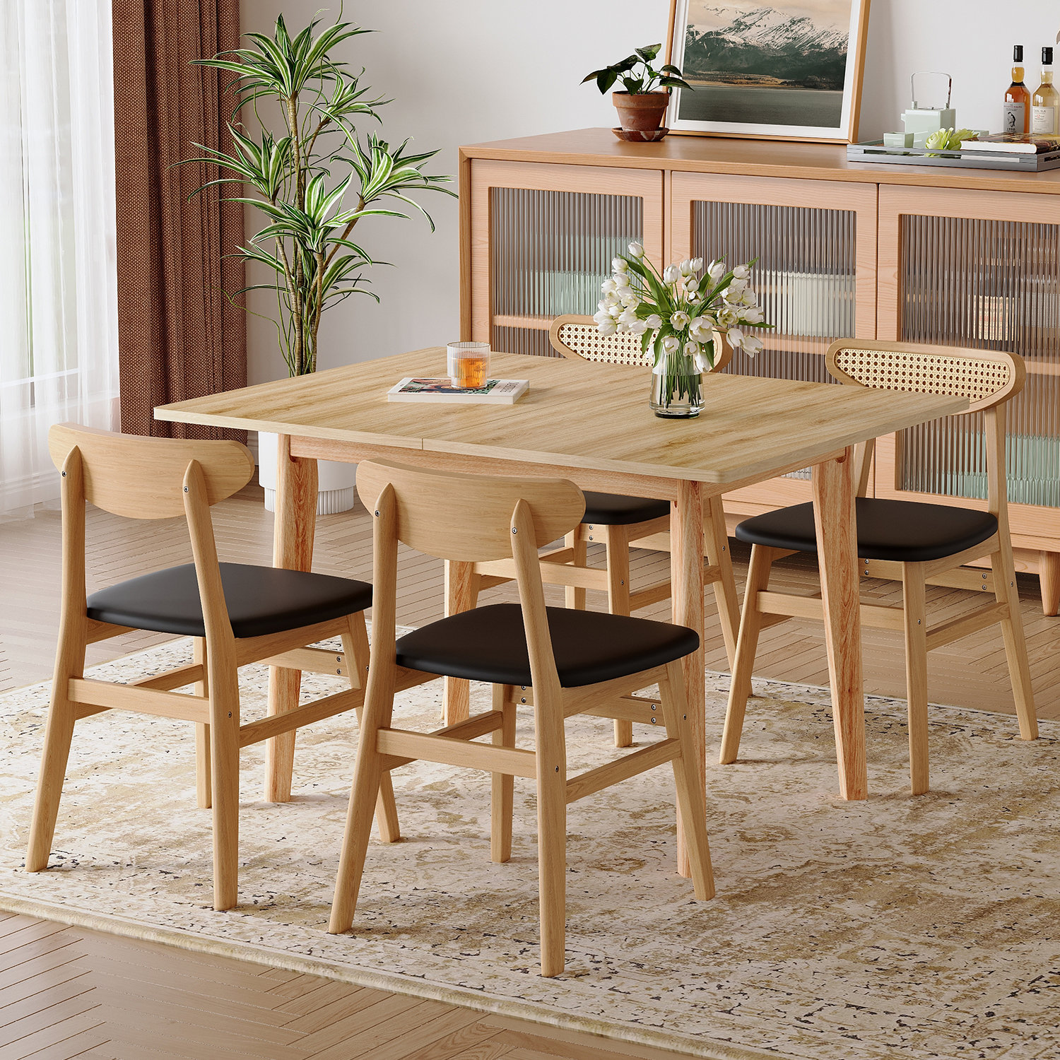 Bay Isle Home™ 5-Piece Wood Folding Dining Table With Rattan Back Chair ...