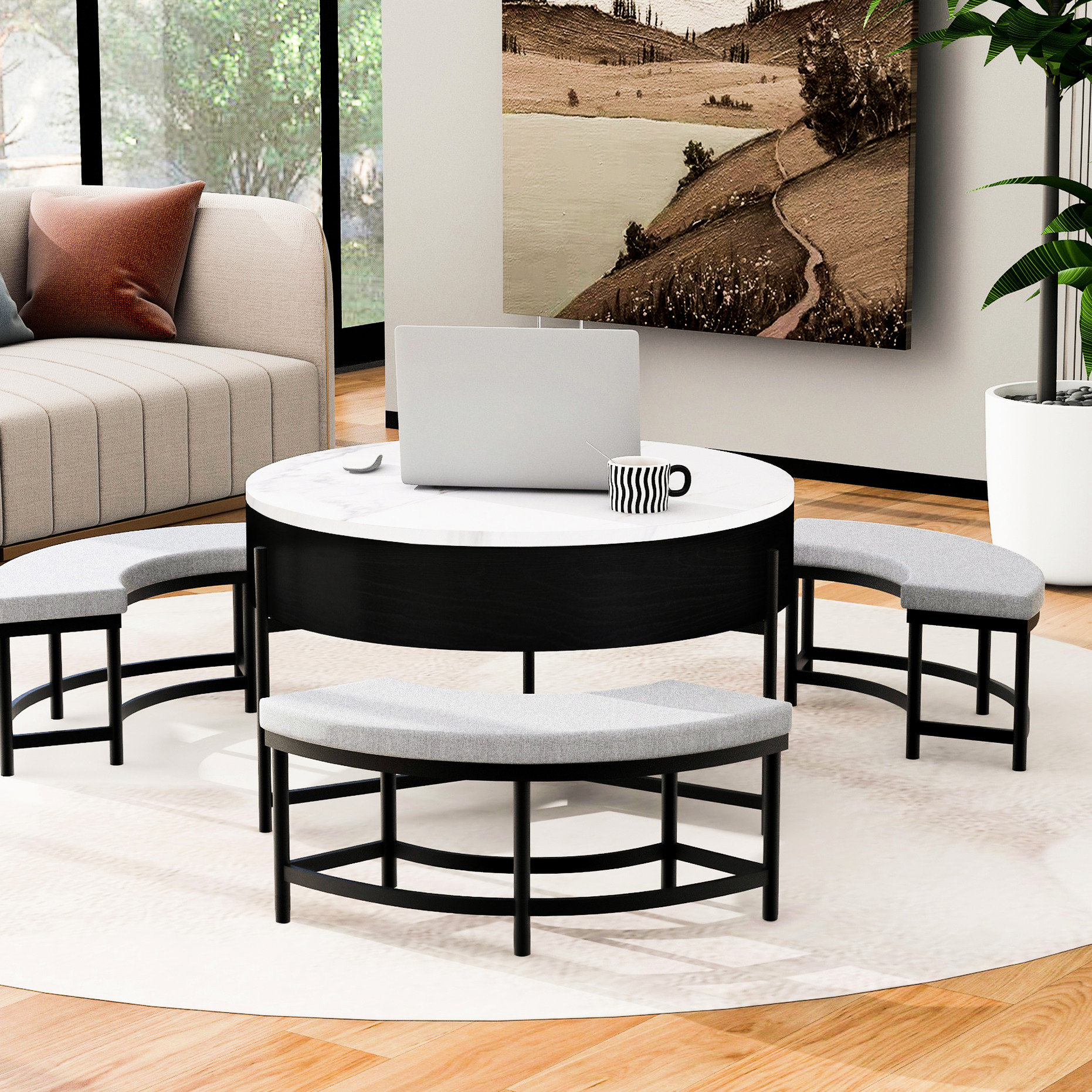Ivy Bronx White & Natural Round Coffee Table With Lift - Top And Storage, Three Ottomans, Metal ...