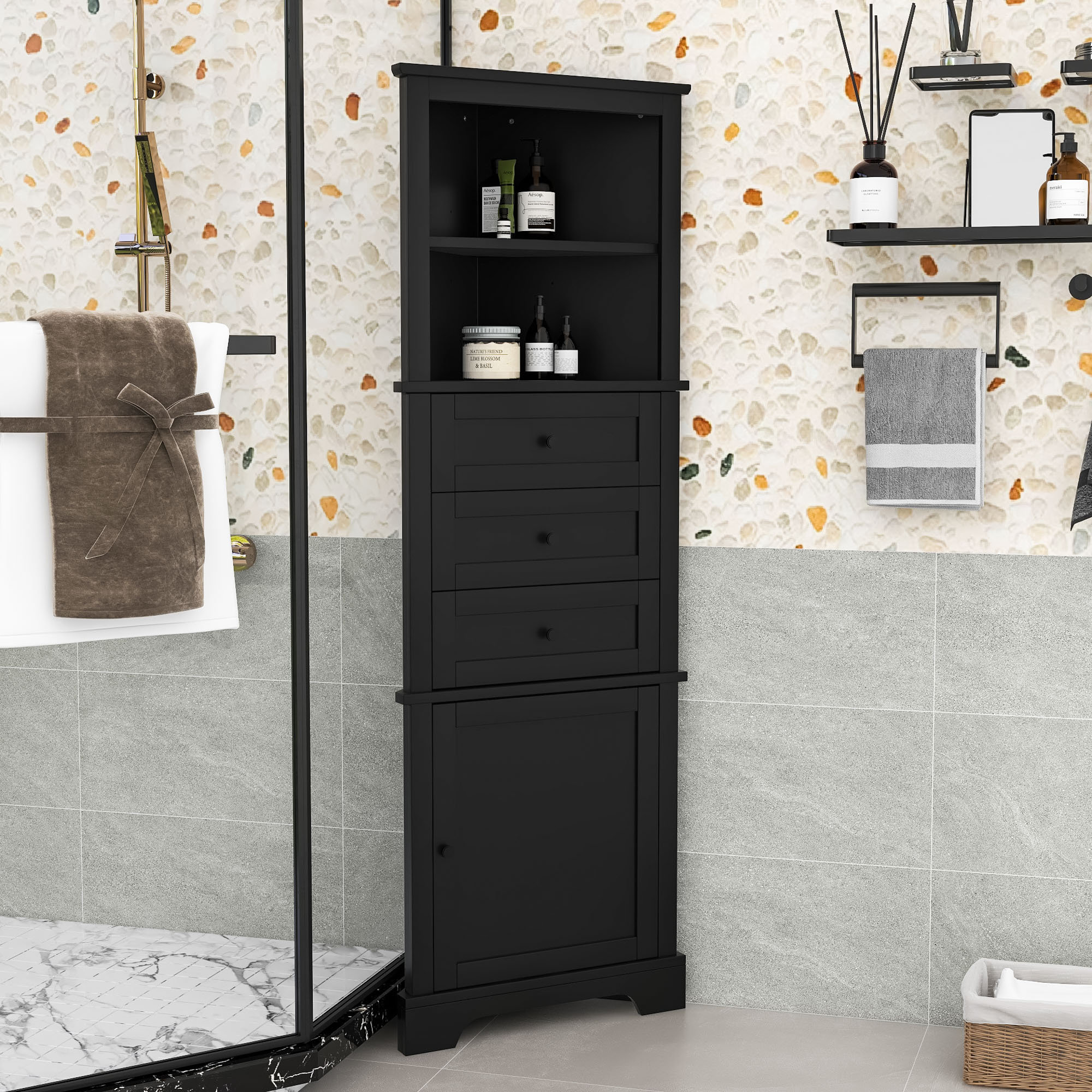 Lark Manor™ Triangle Tall Bathroom Storage Cabinet with 3 Drawers and ...