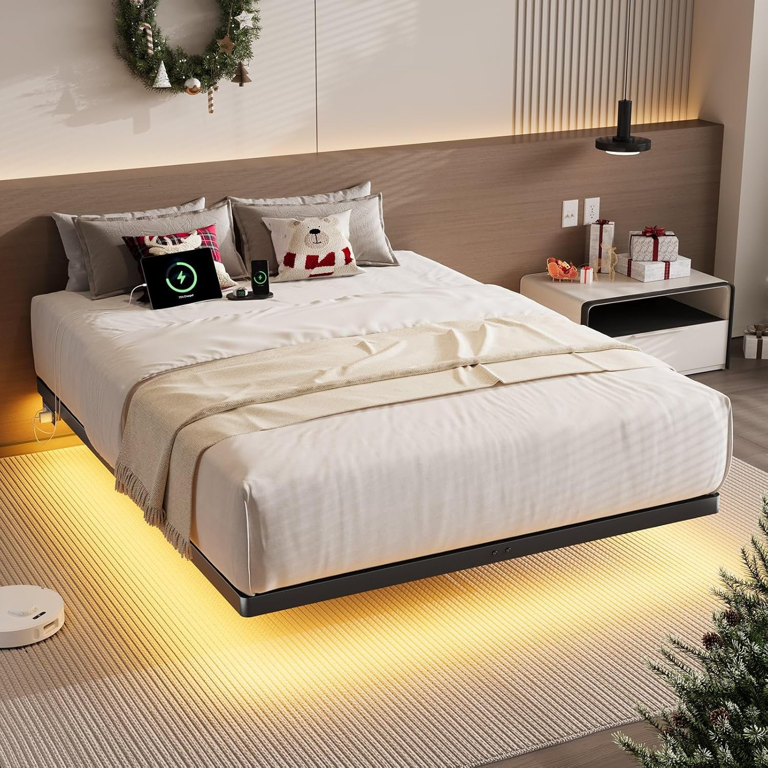 Wrought Studio™ Floating Bed Frame with LED Lights Metal Slats Underbed ...