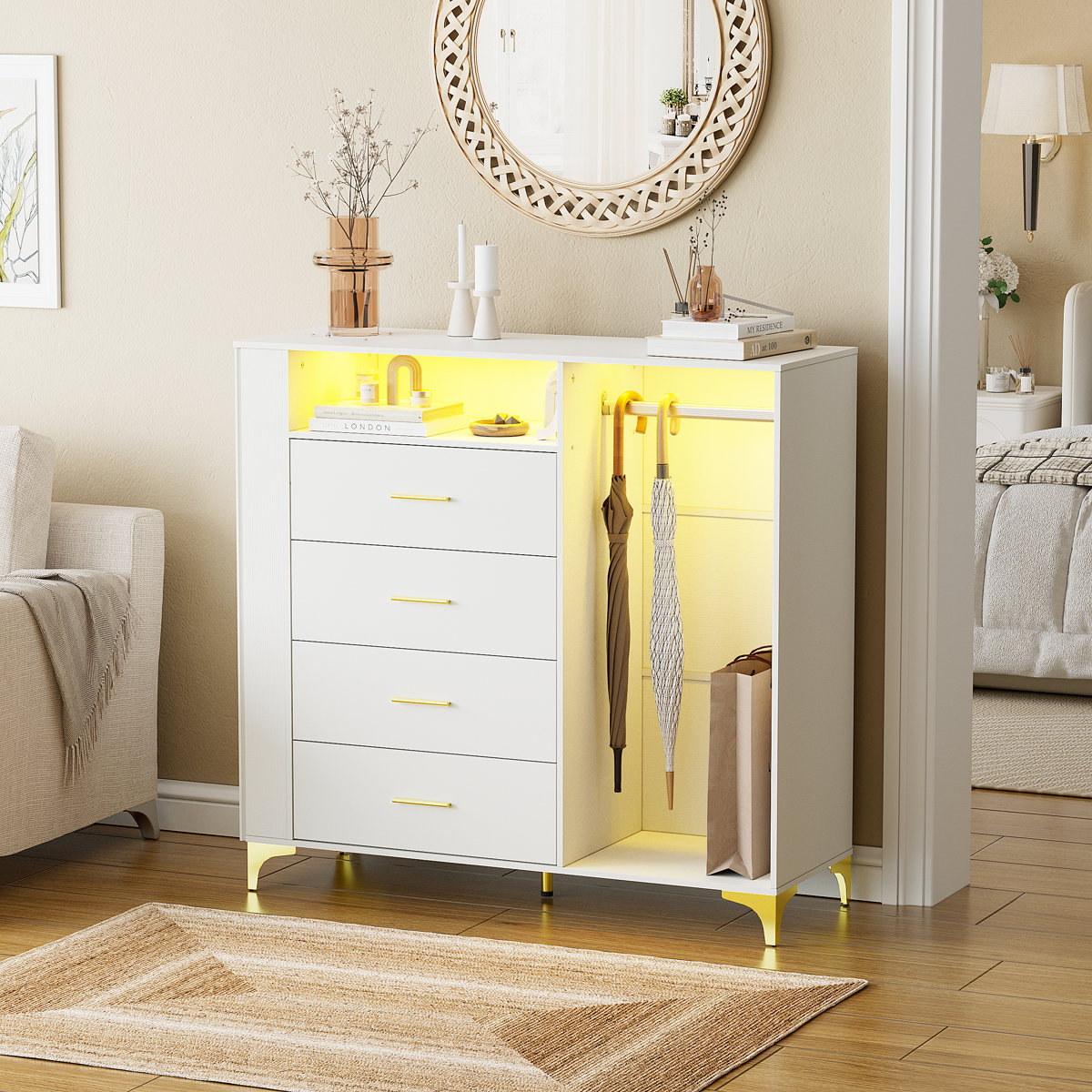 Wrought Studio™ 4 Drawer Dresser with Clothing Rack and Jewelry Cabinet ...