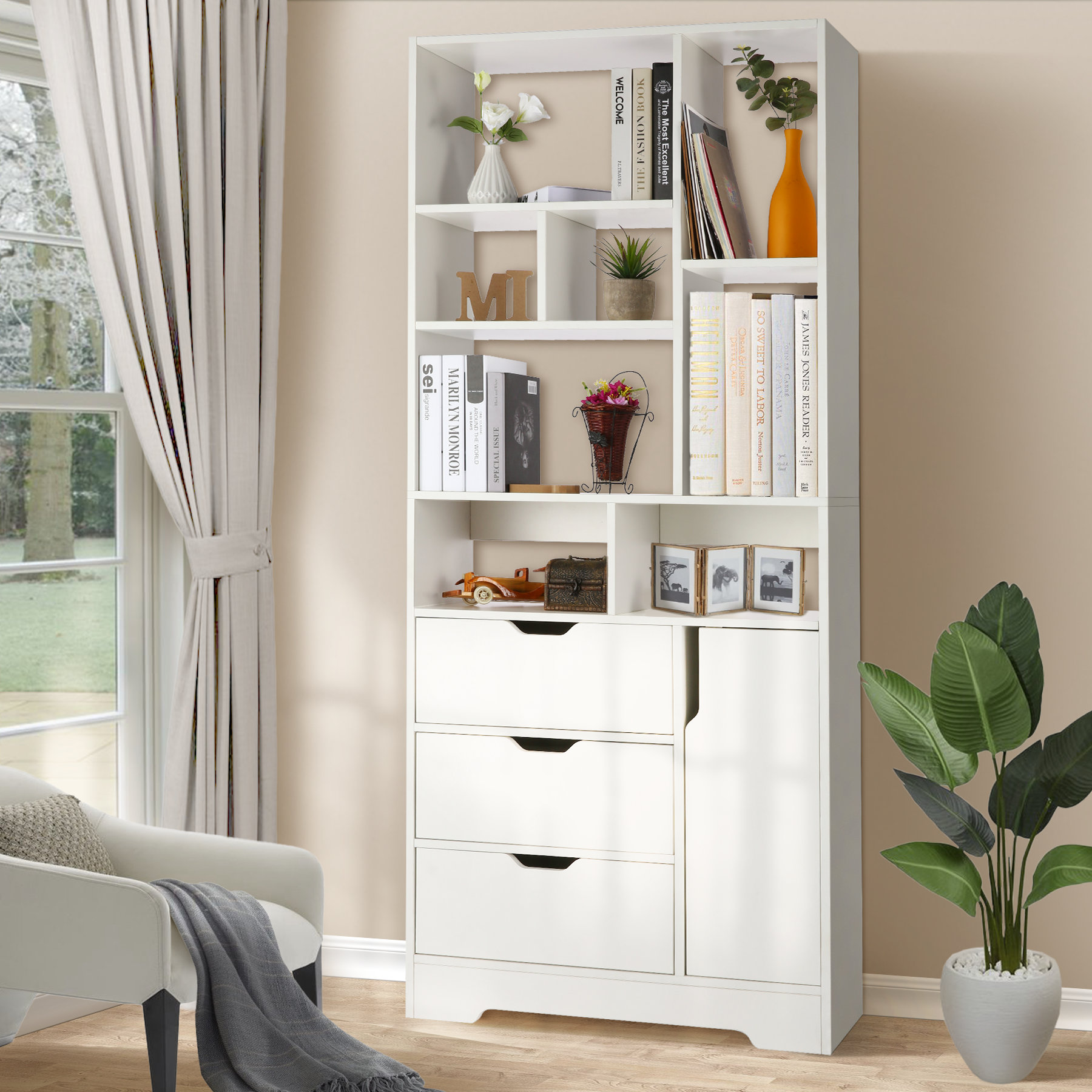 Latitude Run® 70.9" Storage Bookcase With Doors, Bookshelf With Drawer ...