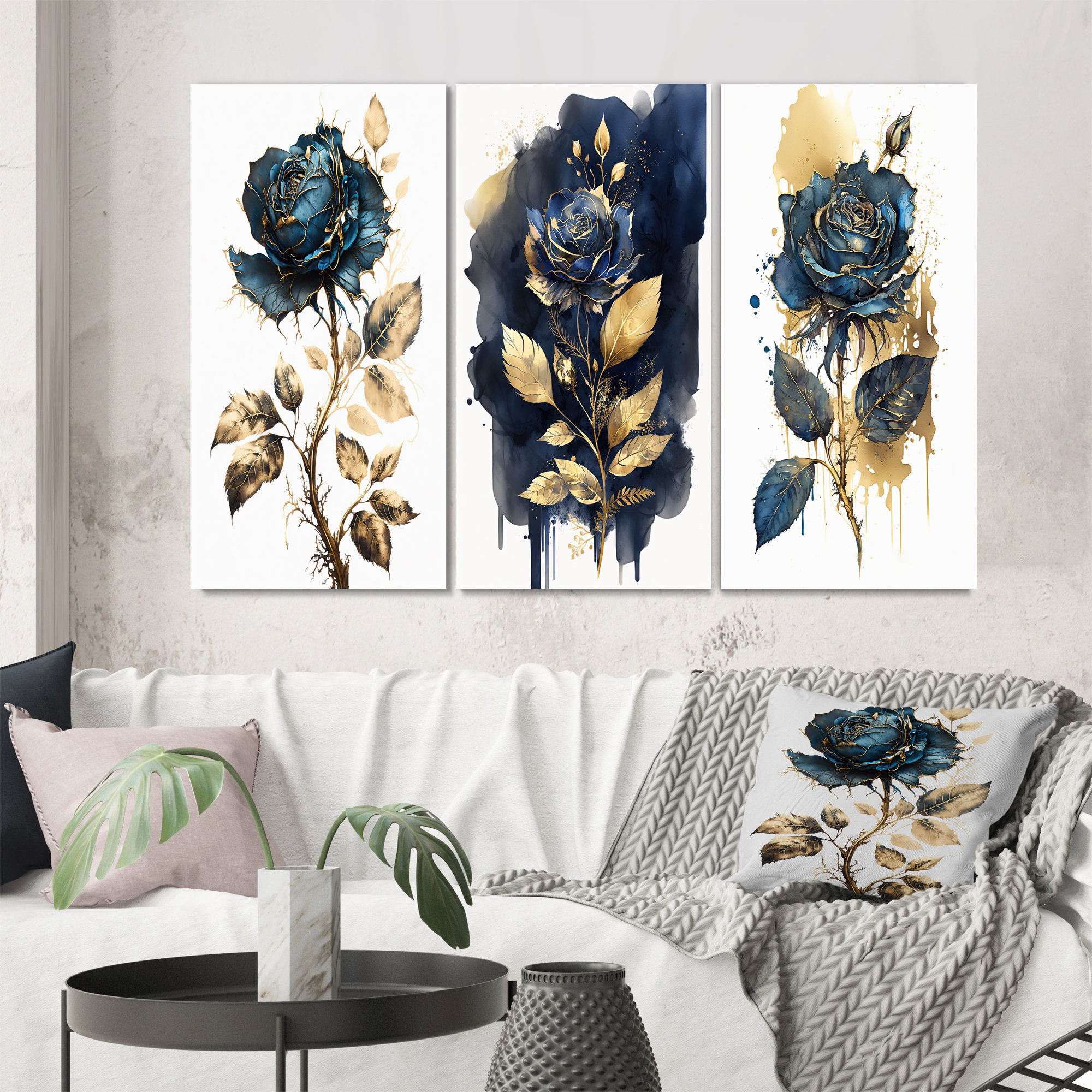 Red Barrel Studio® " Blue And Gold Painted Rose On White " 3 - Pieces ...