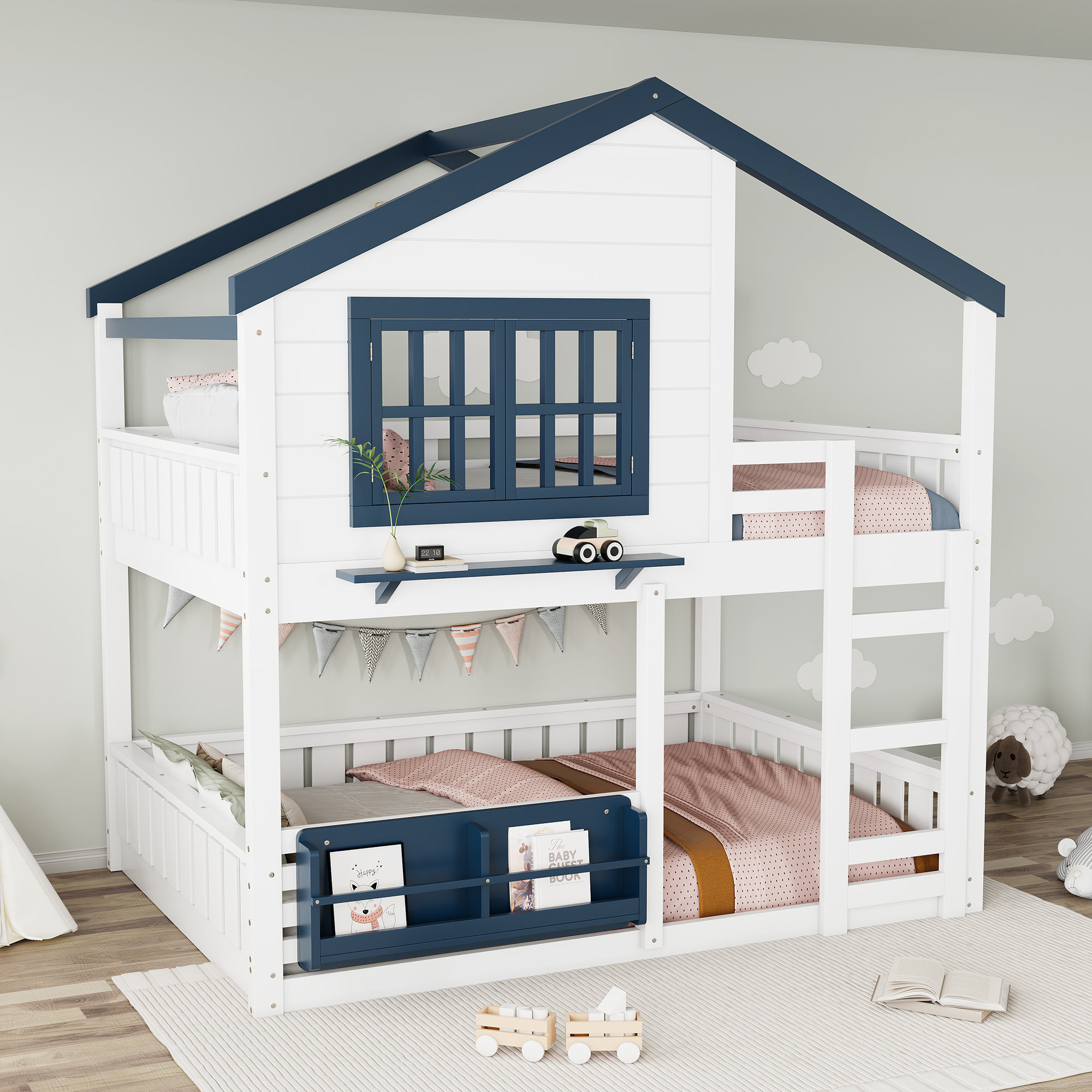 Highland Dunes House-Style Loft Bunk Bed with Bookshelf, Safety ...