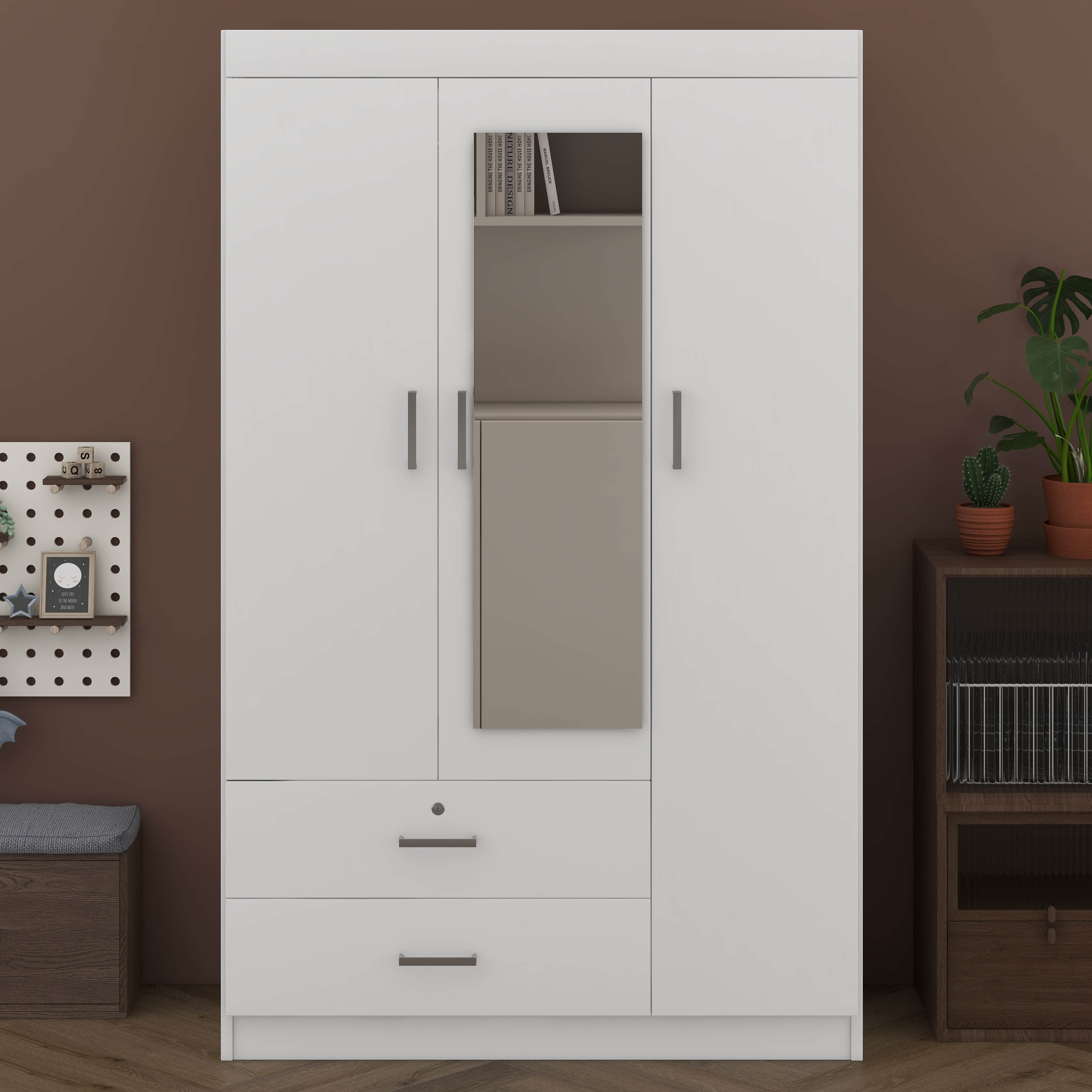 Gracie Oaks 3Door Wardrobe With Two Drawers, Hanging Clothes Area With ...